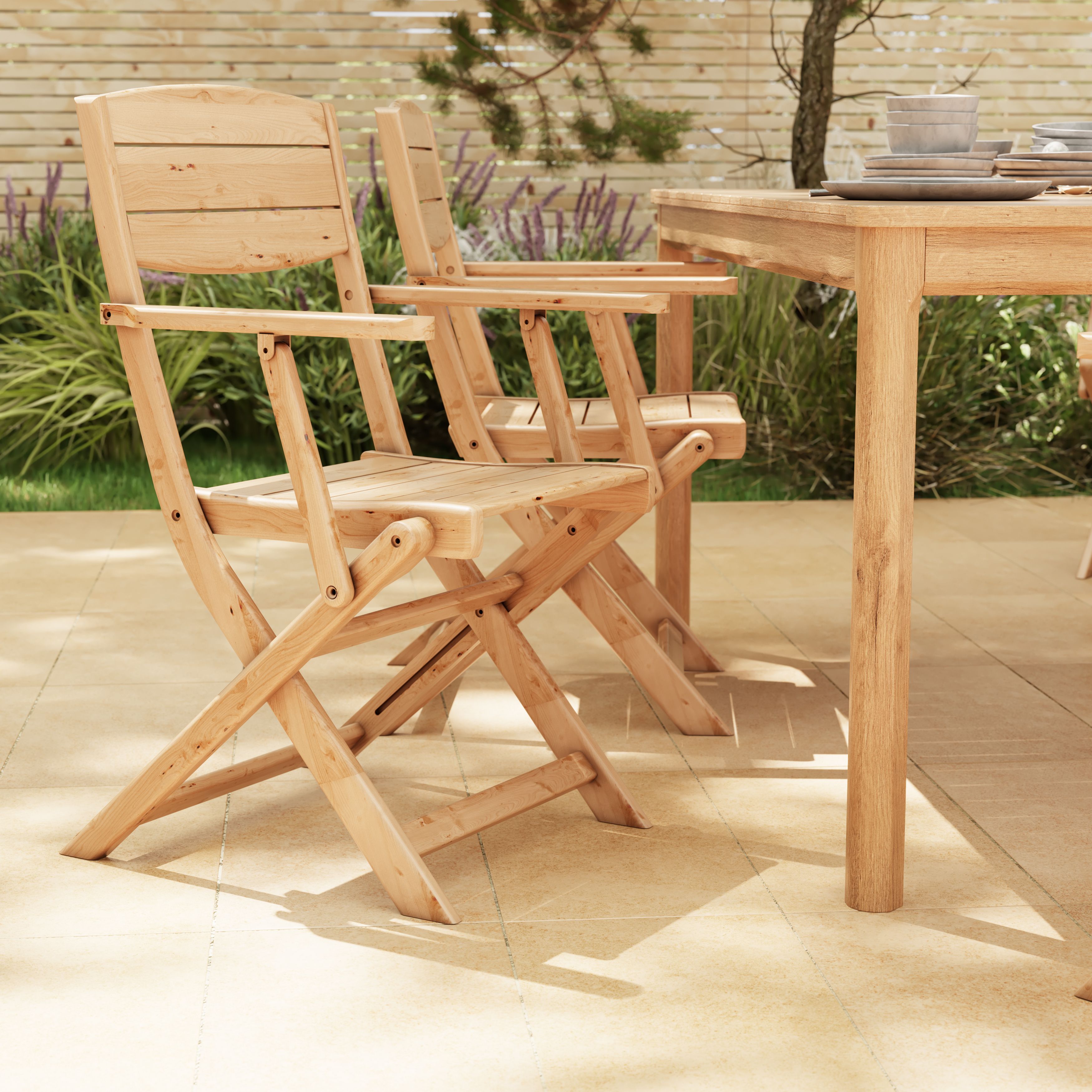 GoodHome Riveo Natural Wooden Foldable Armchair, Pack of 2