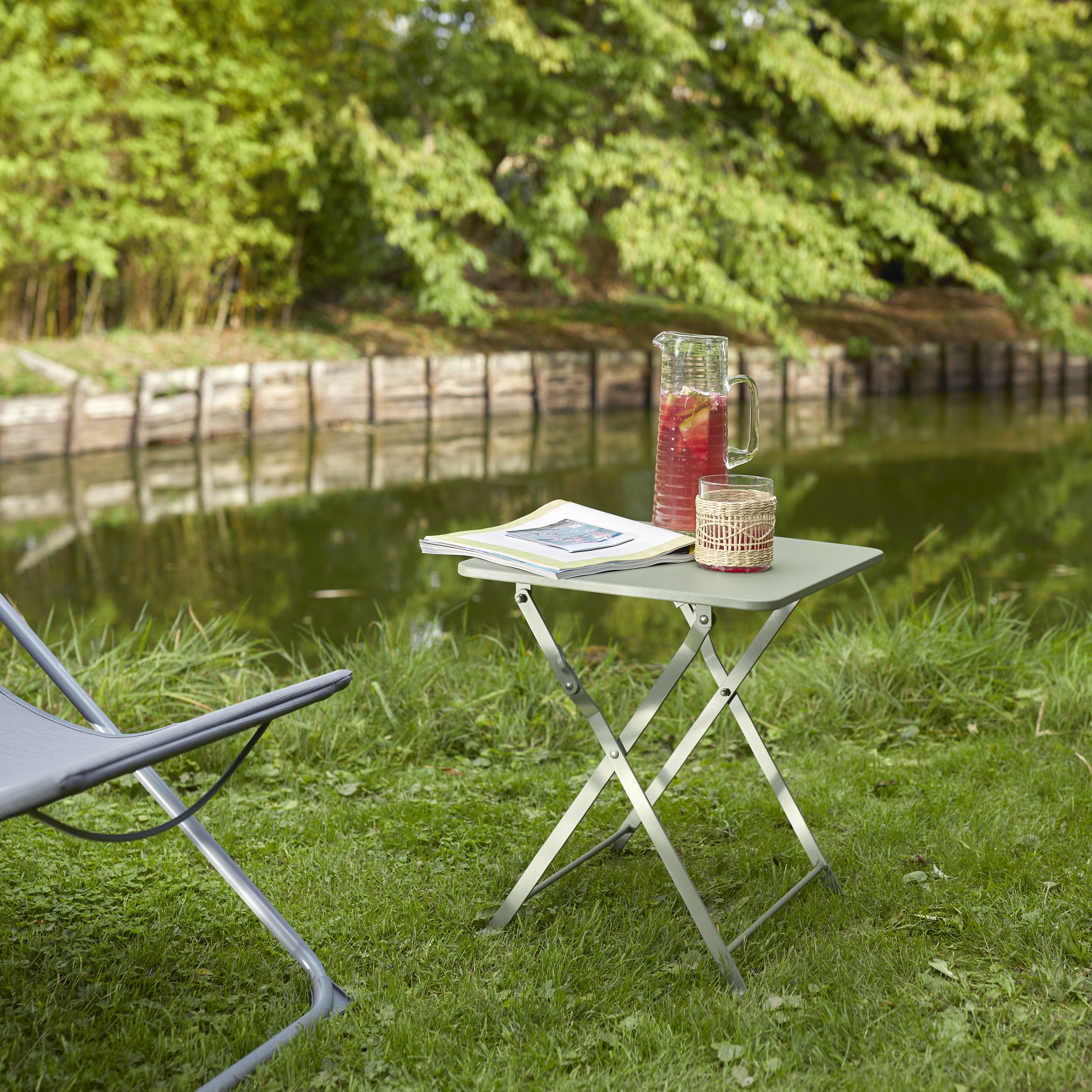 GoodHome Saba Metal Khaki green Foldable 2 seater Square Side table