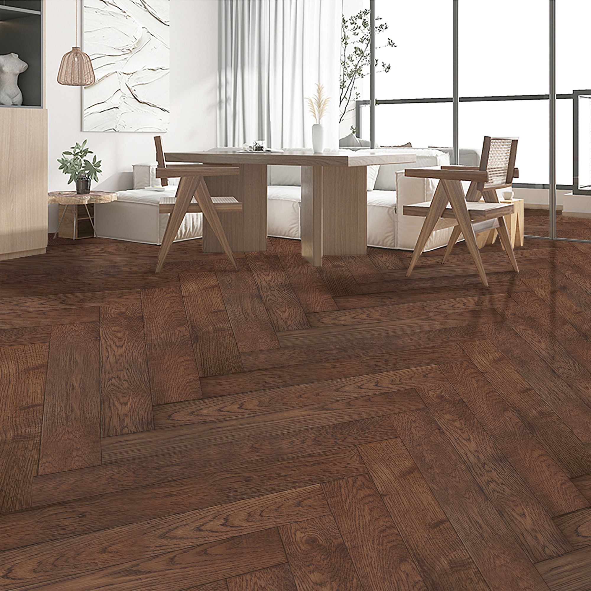 GoodHome Skanor Herringbone Dark Wood effect Oak Solid wood flooring, 1 ...