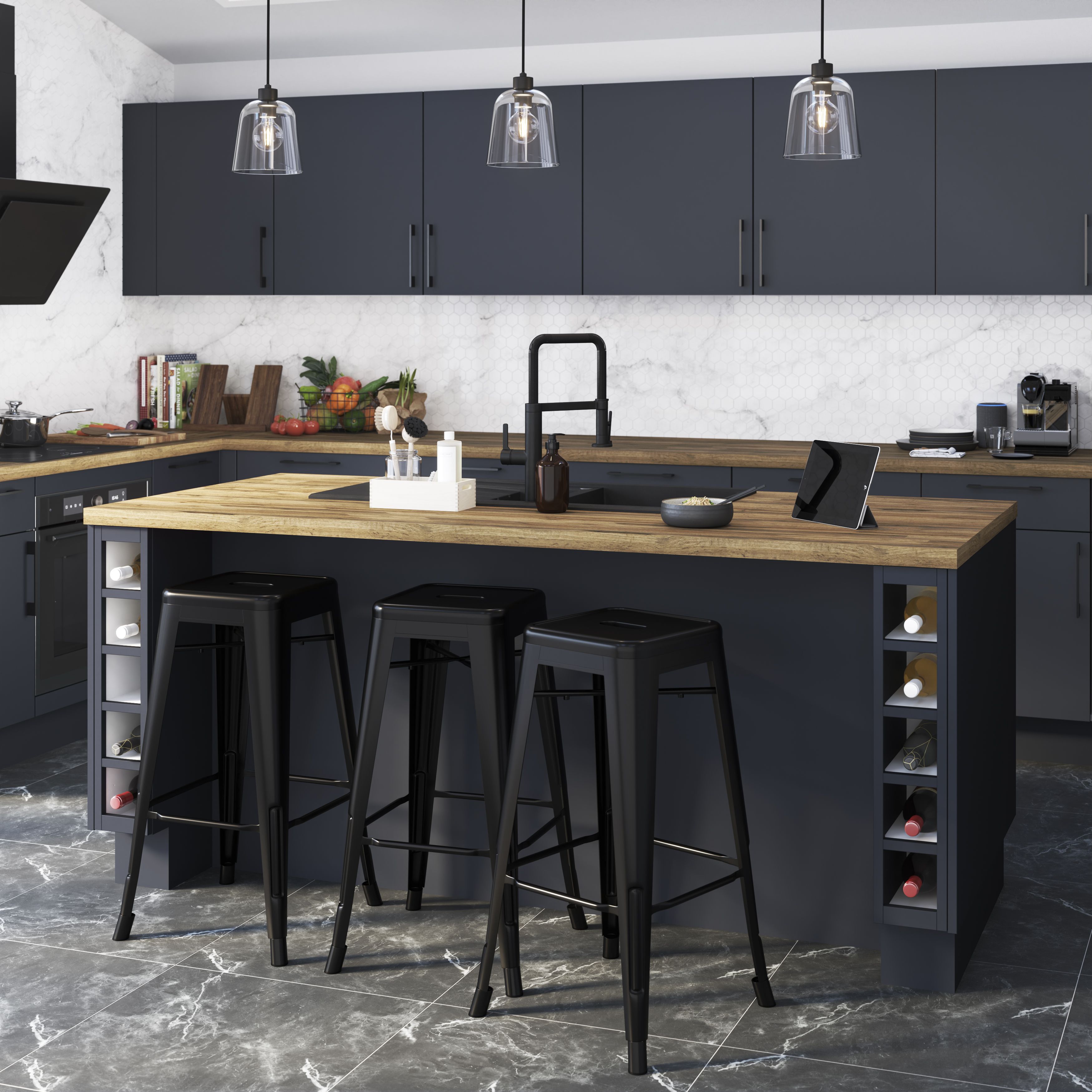 GoodHome Stevia Matt blue Slab 2 drawer front, bridging door & bi-fold ...