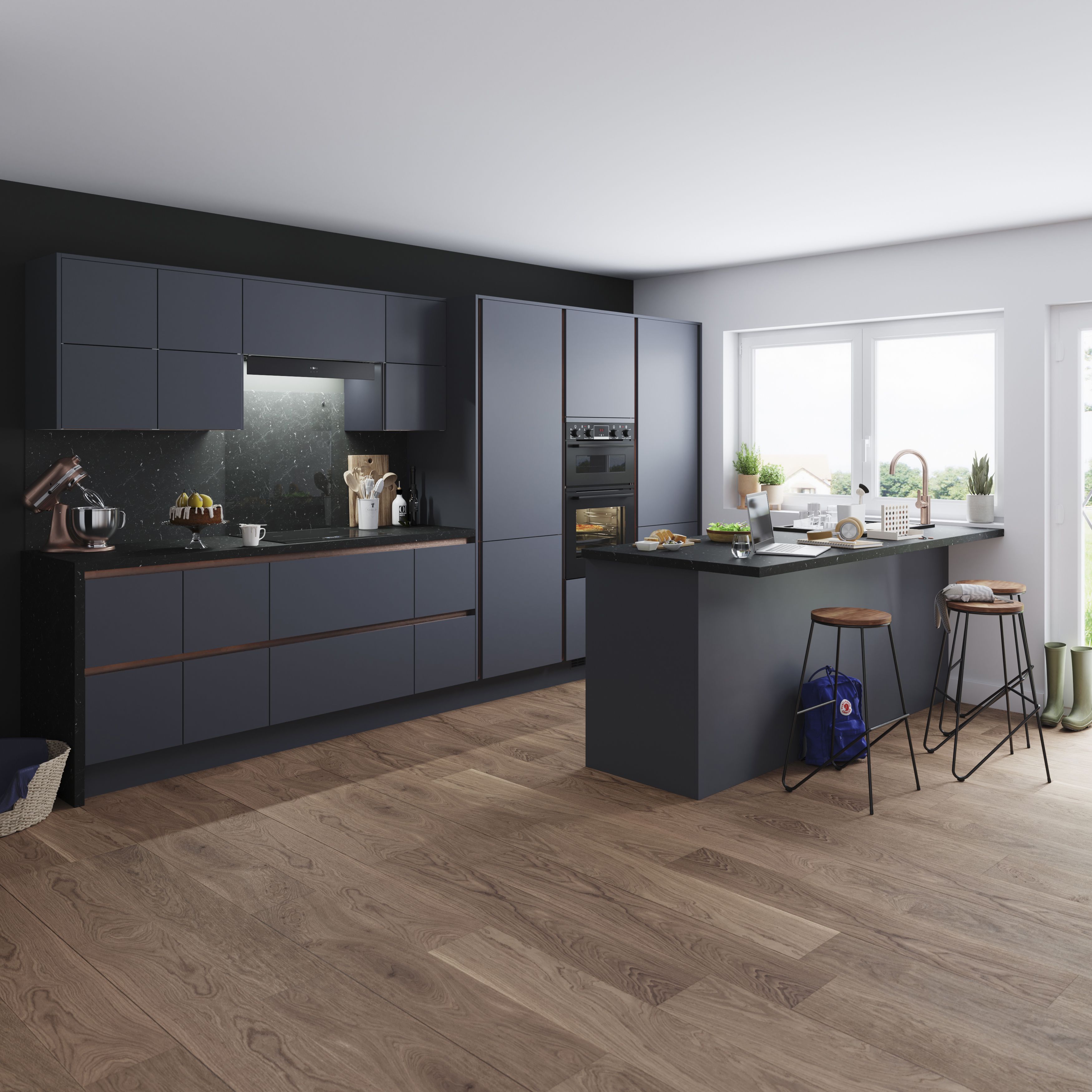 GoodHome Stevia Matt blue Slab 2 drawer front, bridging door & bi-fold ...