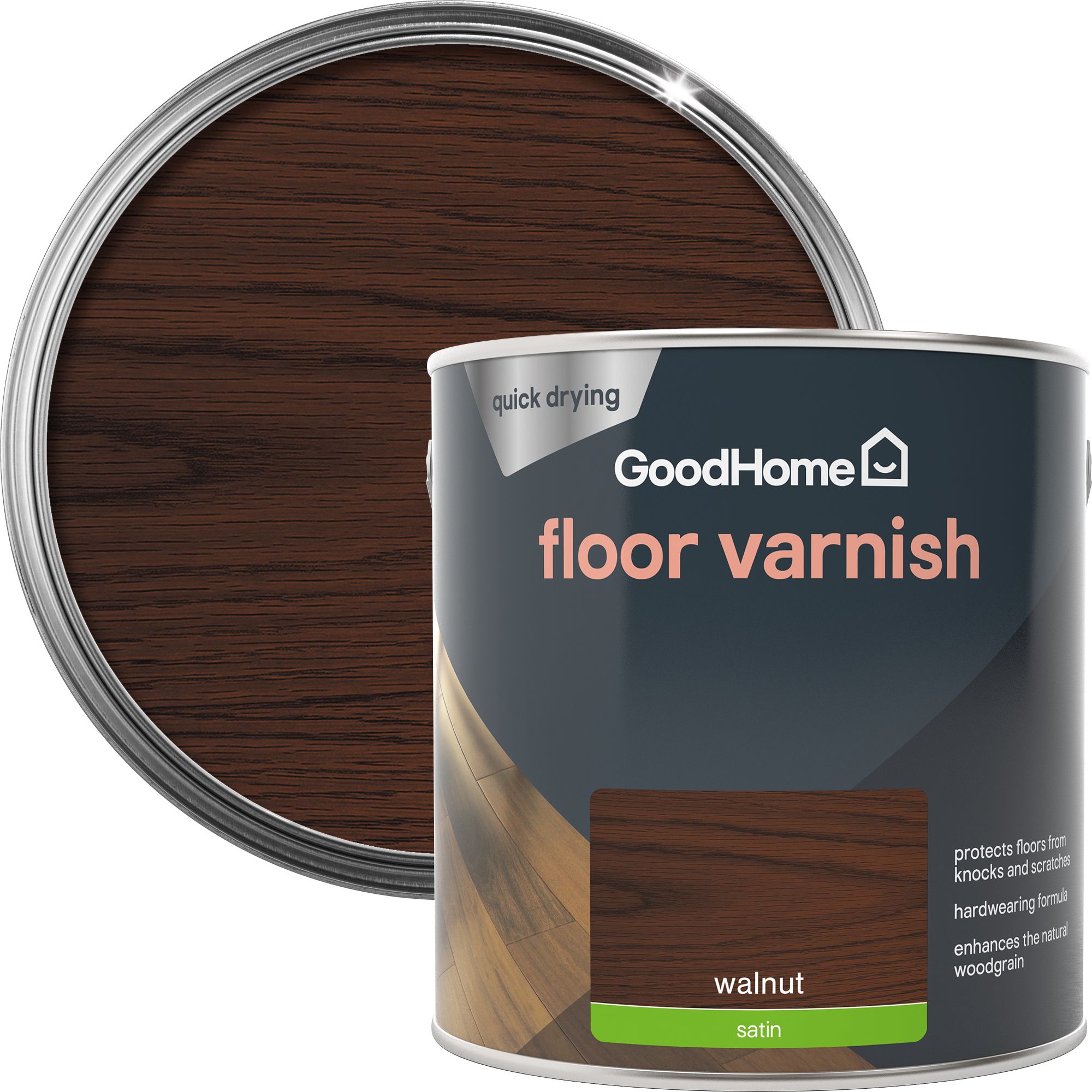 GoodHome Walnut Satin Floor Wood varnish, 2.5L | DIY at B&Q