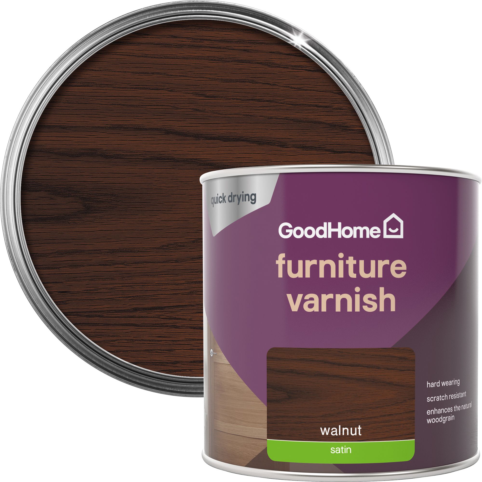 GoodHome Walnut Satin Multi-surface Furniture Wood varnish, 250ml | DIY ...