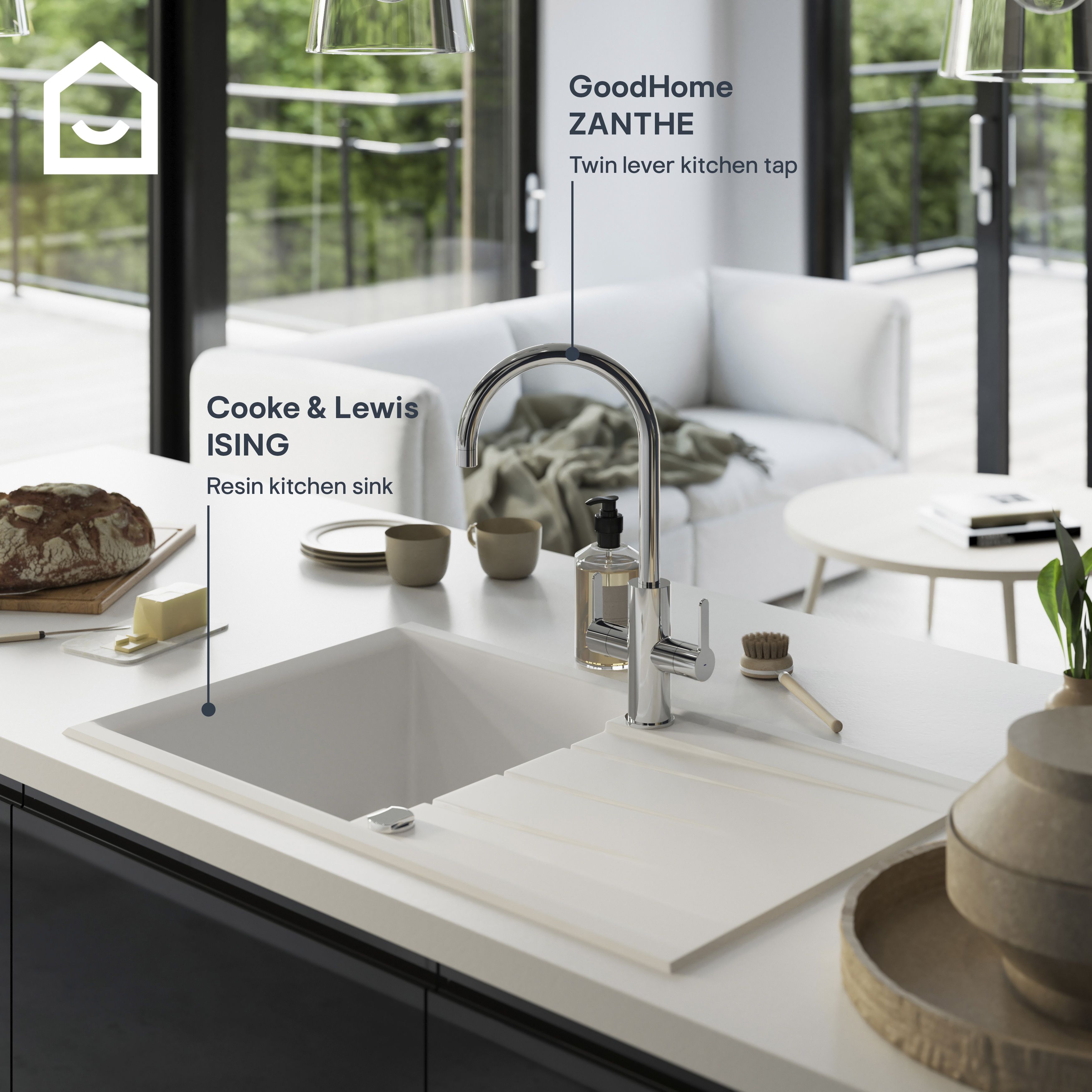 GoodHome Zanthe Chrome-plated Kitchen Twin lever Tap