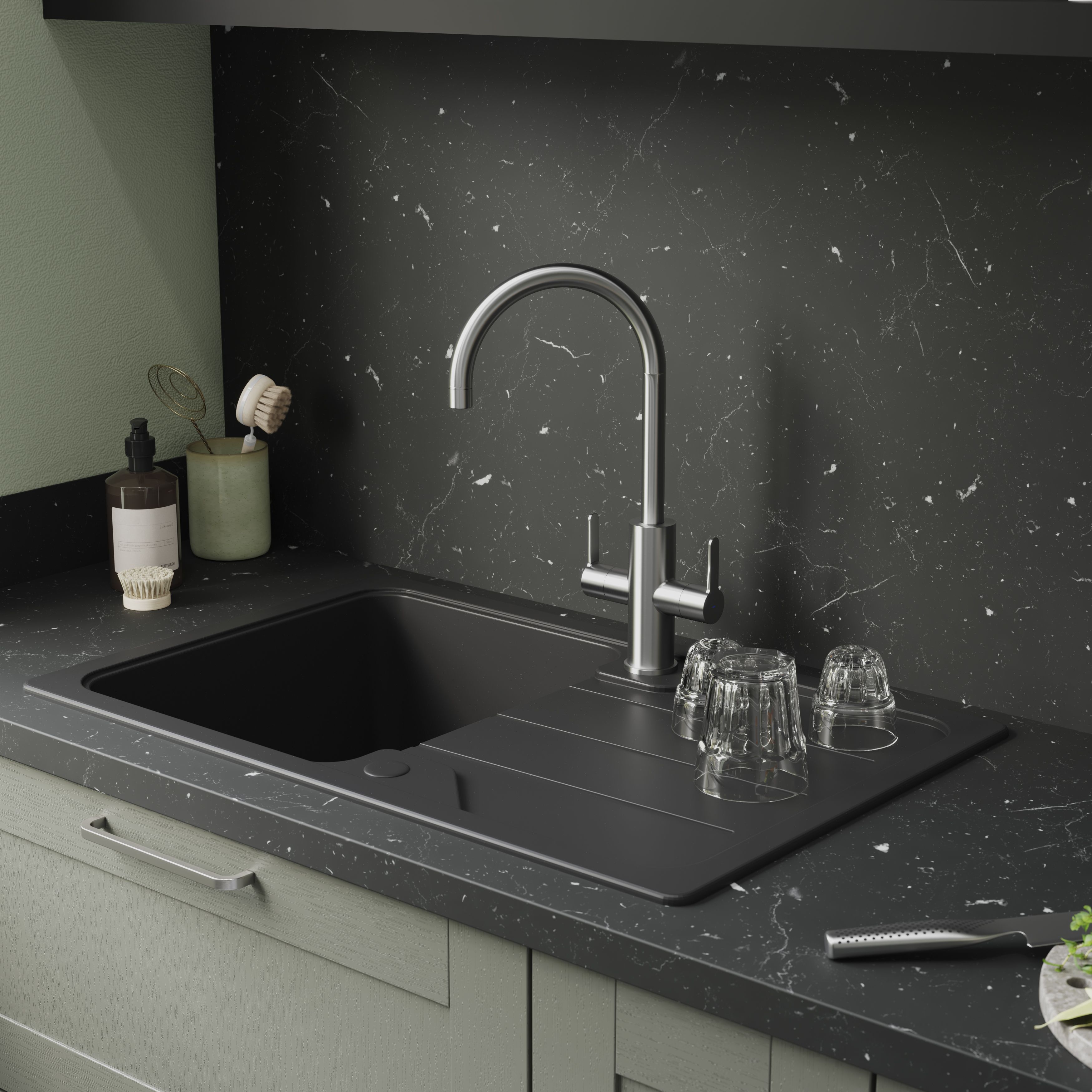 GoodHome Zanthe Stainless steel effect Kitchen Twin lever Tap