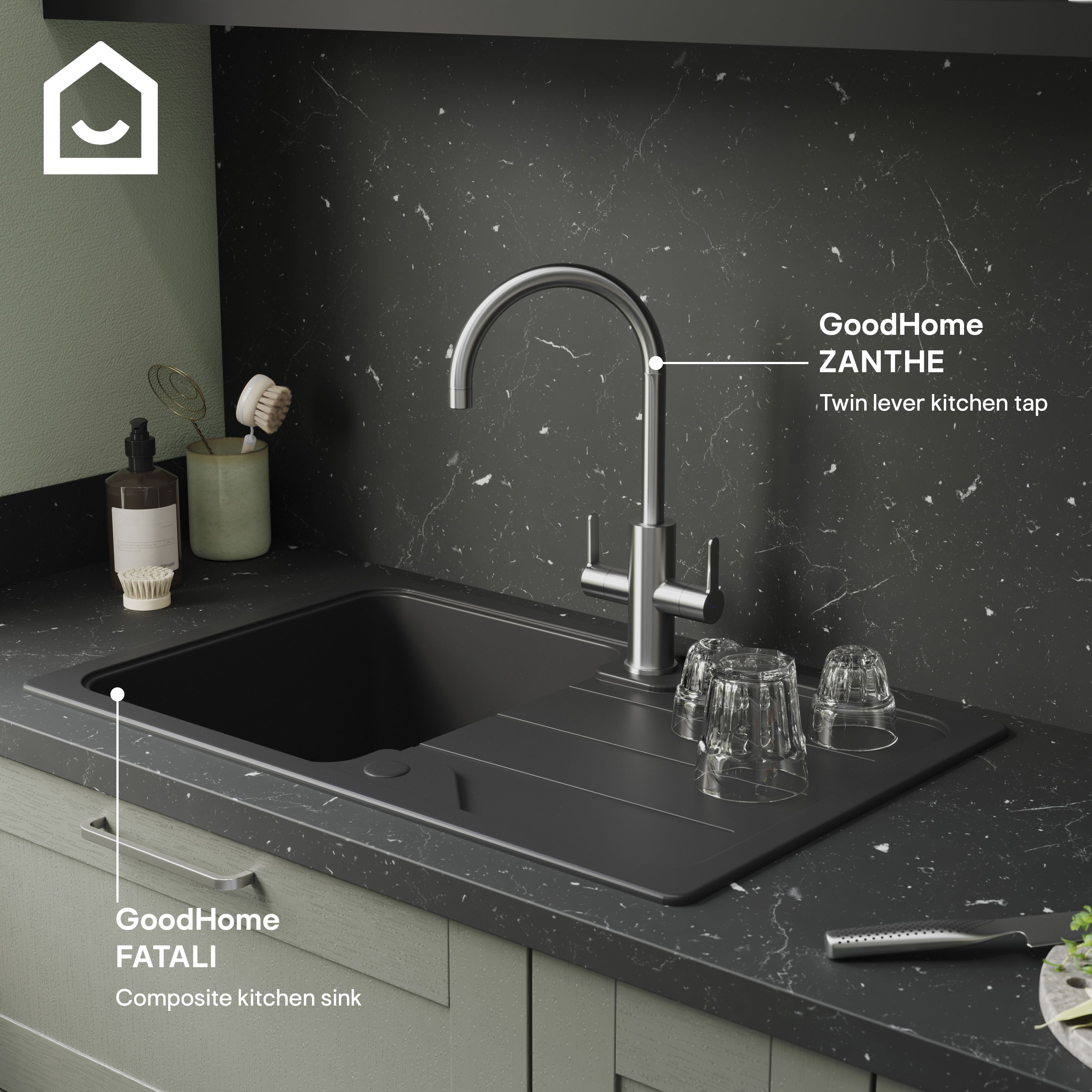GoodHome Zanthe Stainless steel effect Kitchen Twin lever Tap
