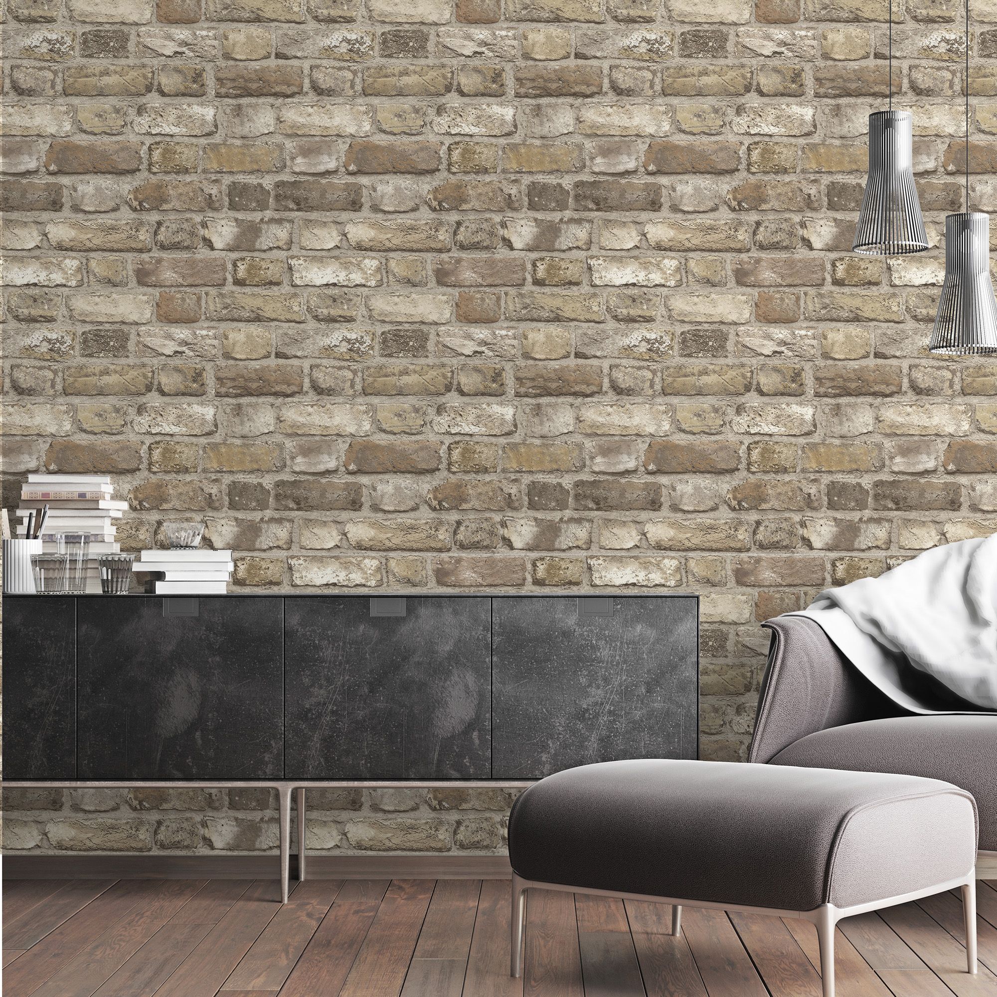 Grandeco Country Neutral Brick effect Faux wall Embossed Wallpaper Sample