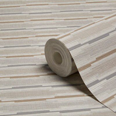 Grandeco Linear Brown Geometric stripe Embossed Wallpaper | DIY at B&Q
