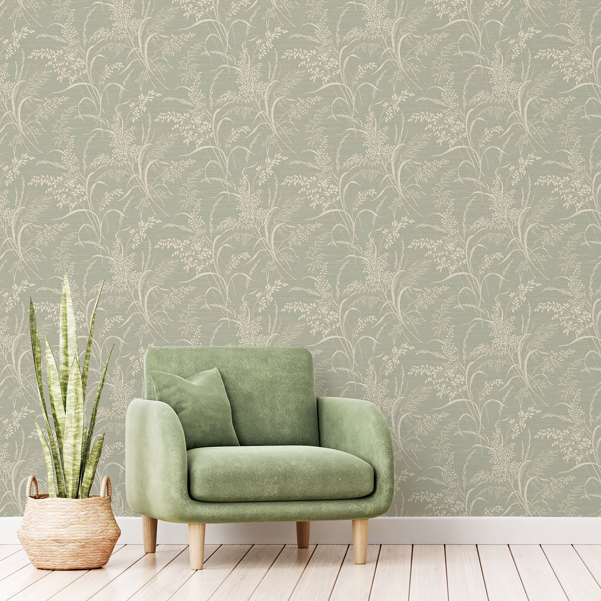Grandeco Sage Green Grasslands Rustic Smooth Wallpaper