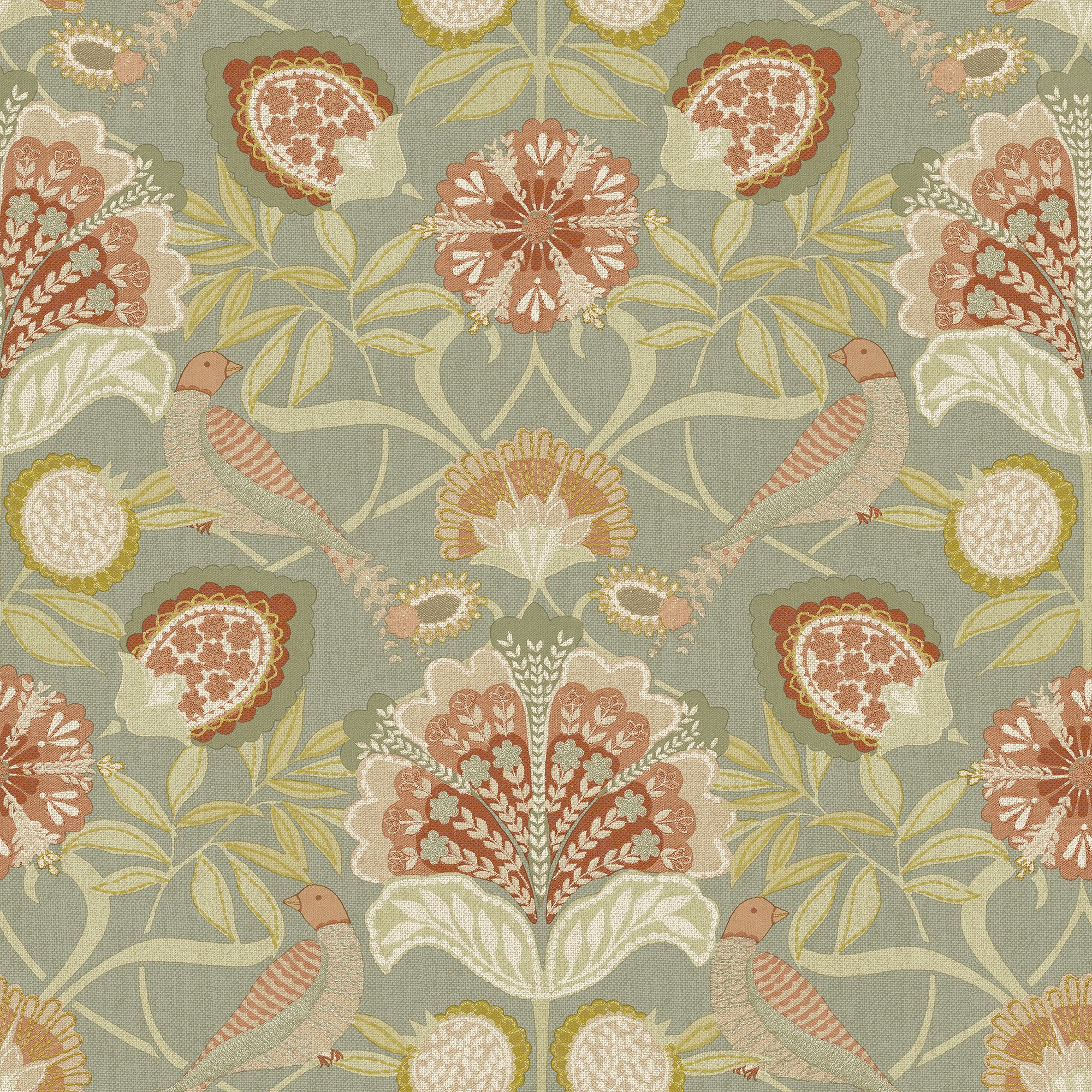 Grandeco Sage Persian Garden Fabric effect Patterned Embossed Wallpaper