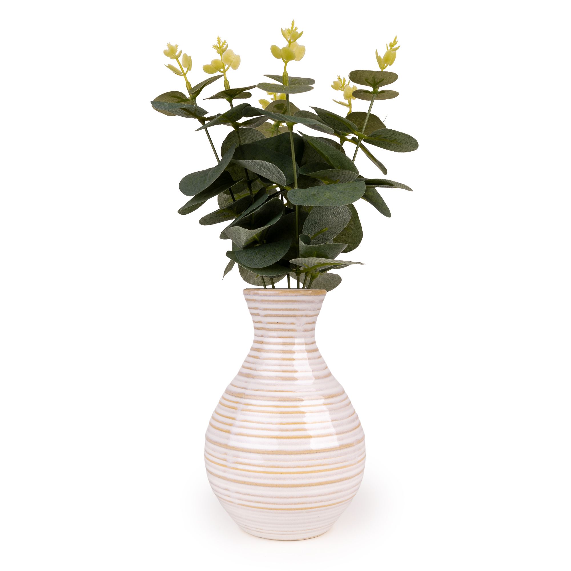 Green 26cm Eucalyptus Artificial floral arrangement in White Striped ...