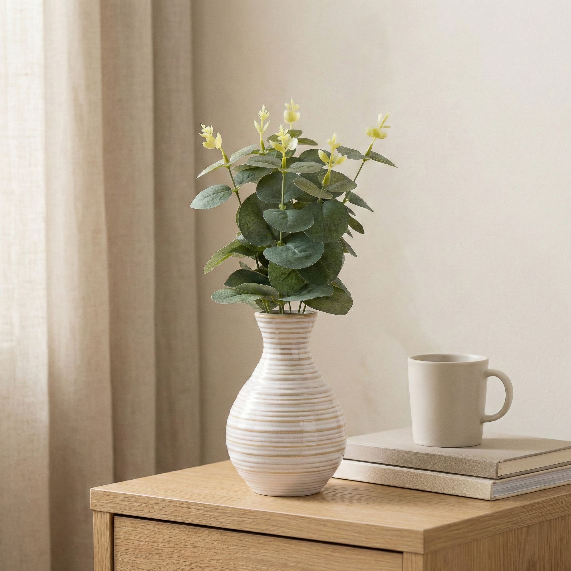 Green 26cm Eucalyptus Artificial floral arrangement in White Striped ...