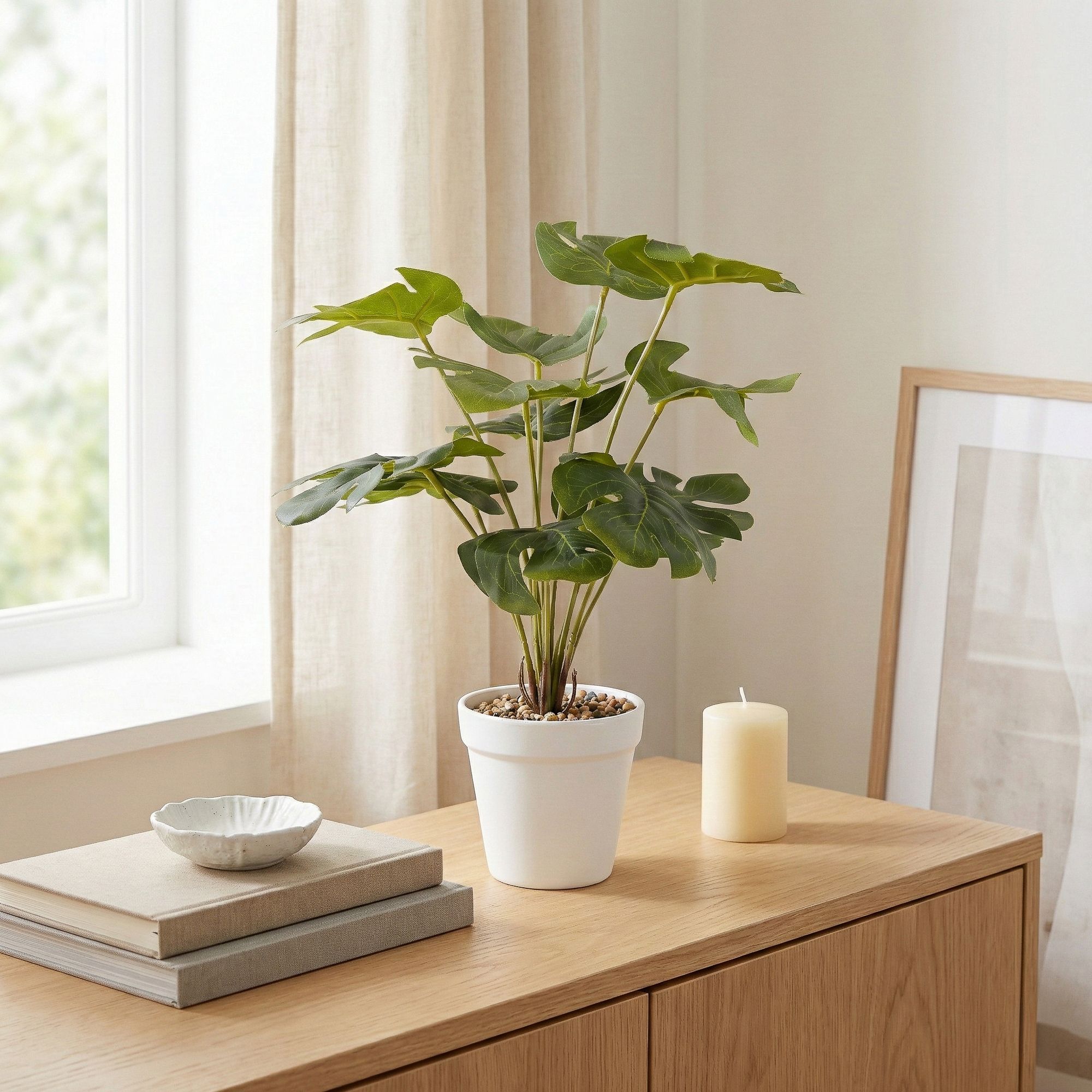Green 37cm Cheese plant Pot with artificial plant in White Plastic Pot
