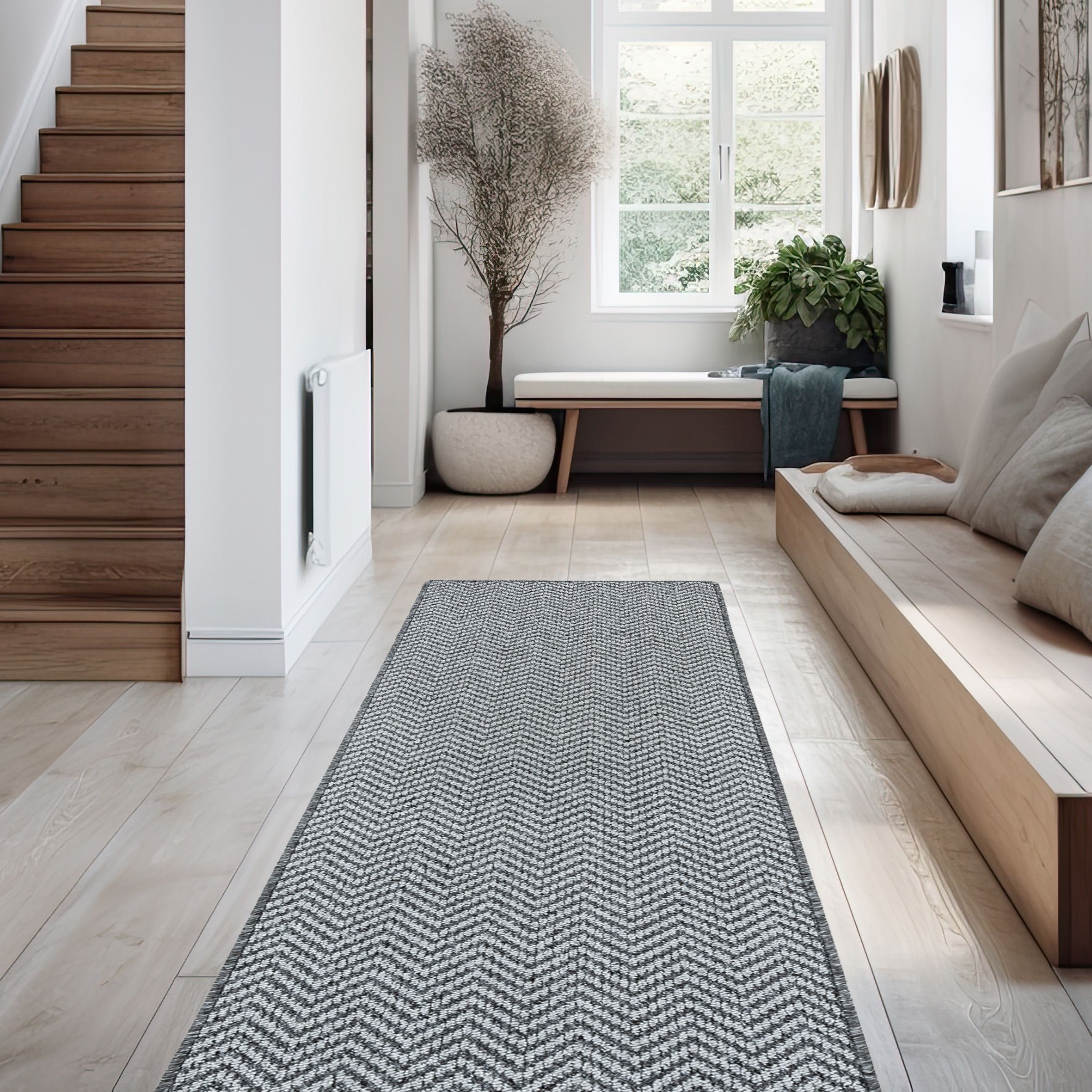 Grey Herringbone Medium Runner, (L)180cm x (W)57cm