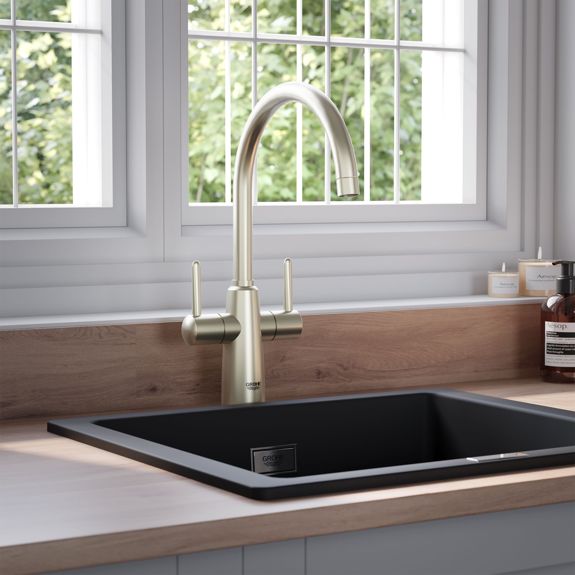 Grohe Ambi Brushed Nickel effect Kitchen Twin lever Tap