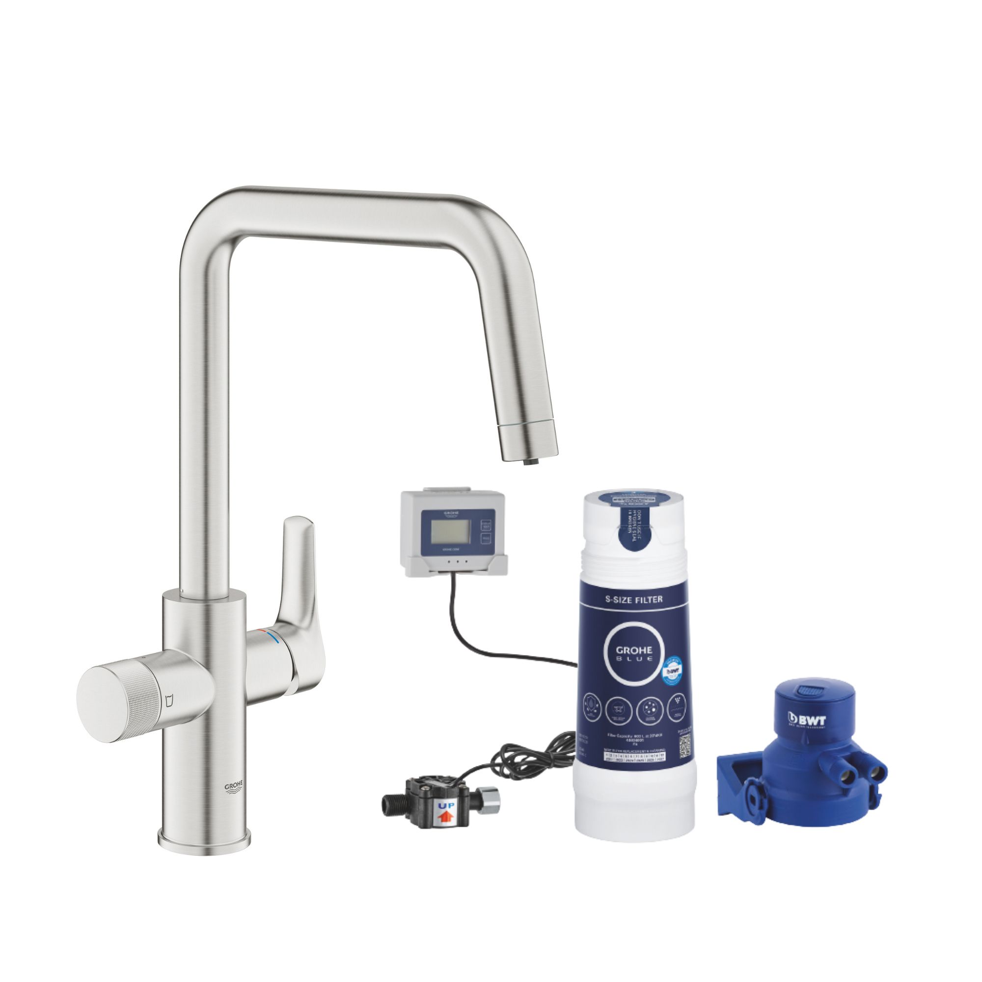 Grohe Blue Pure Start Supersteel Chrome effect Water filter mono mixer ...