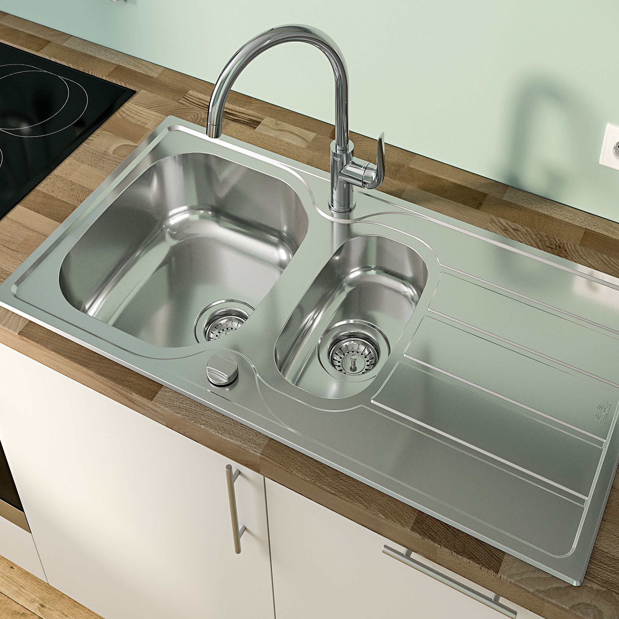 Grohe K200 SINK60 Polished Stainless steel 1.5 Bowl Kitchen sink 500mm ...