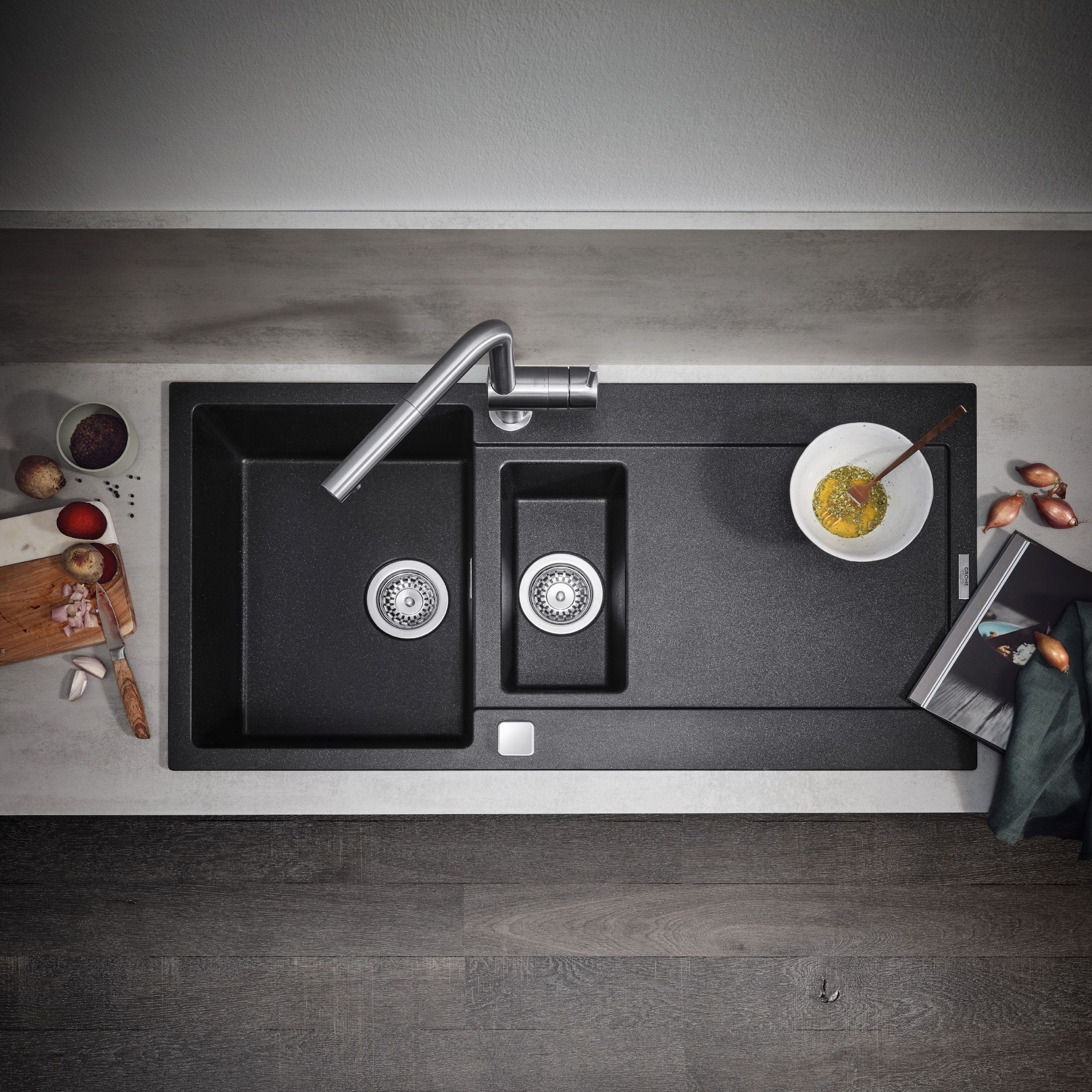 Grohe K500 Granite black Composite quartz 2 Bowl Kitchen sink 500mm x ...
