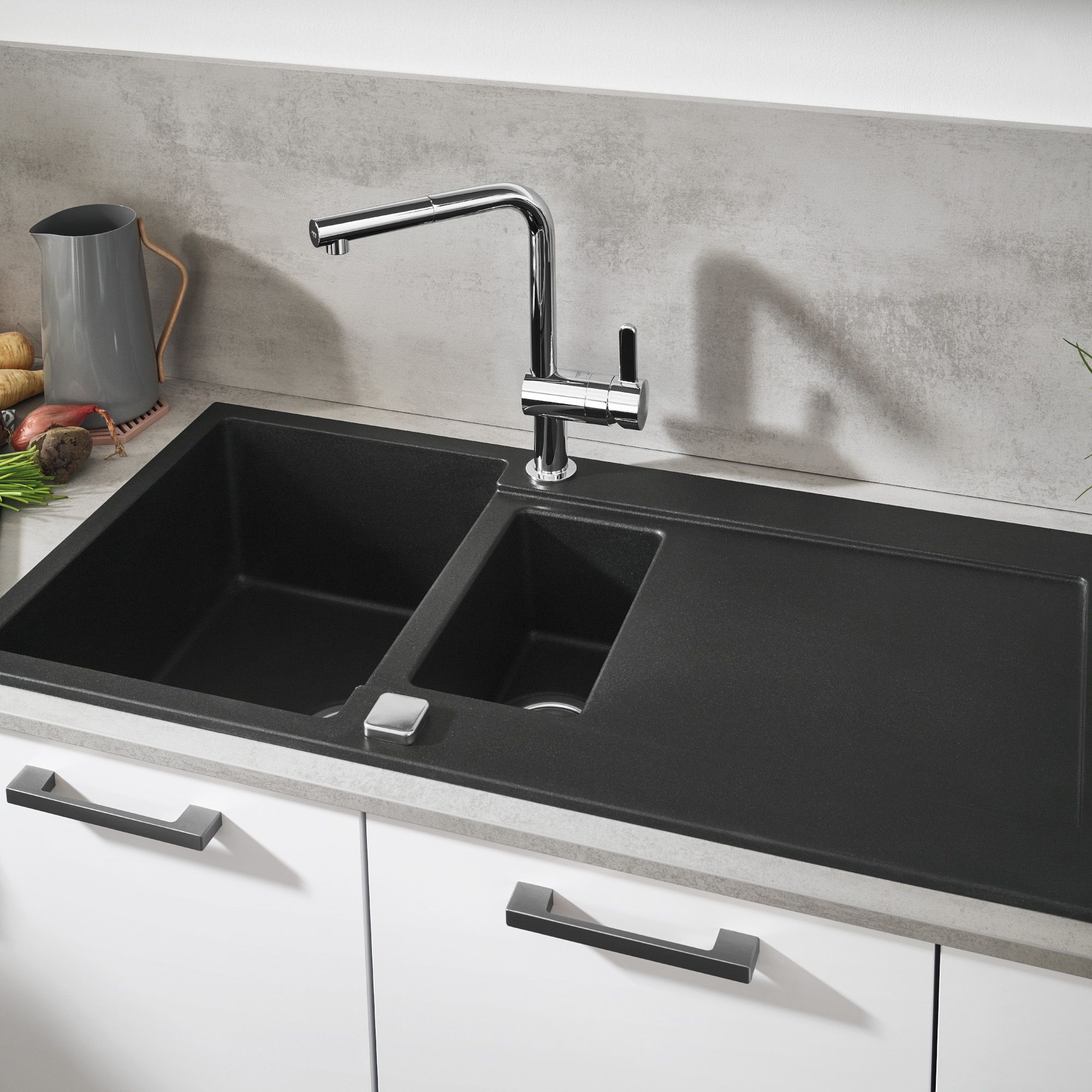 Grohe K500 Granite black Composite quartz 2 Bowl Kitchen sink 500mm x ...