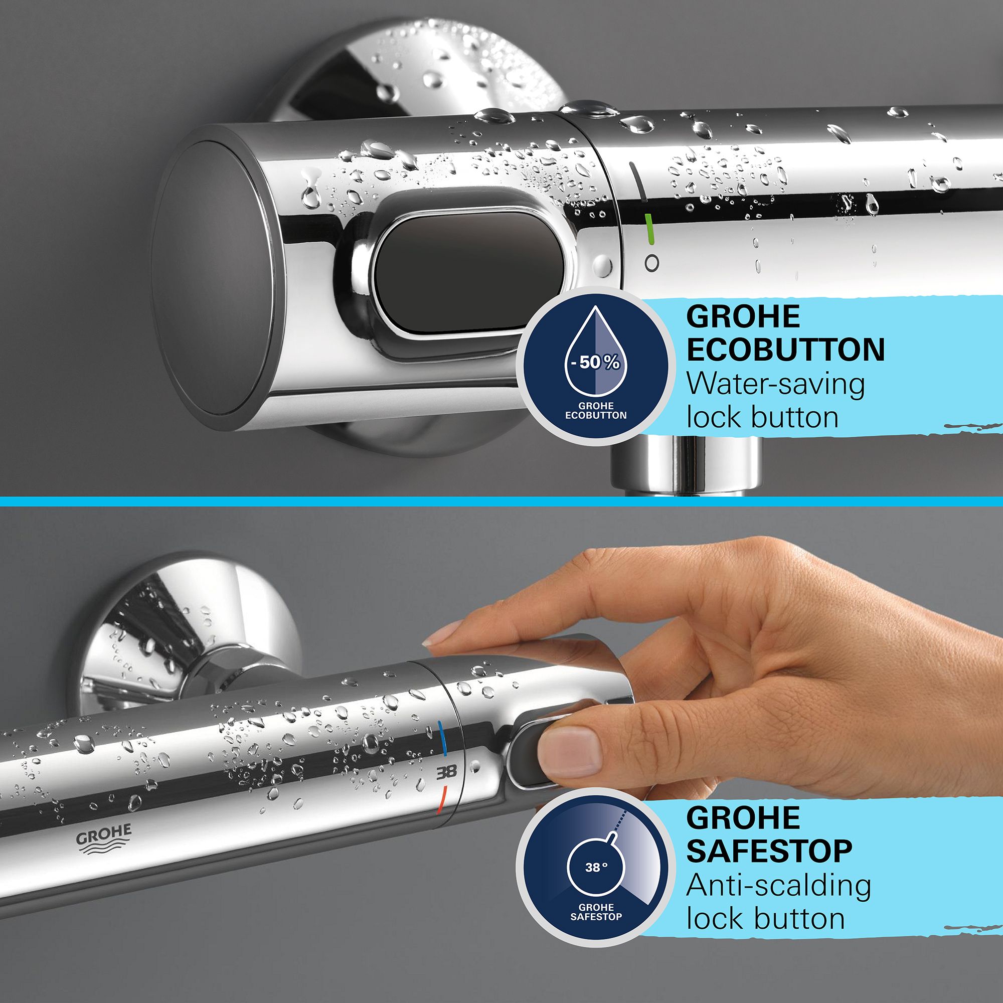 Grohe Precision Flow 600 Gloss Chrome effect Wall-mounted Thermostatic ...