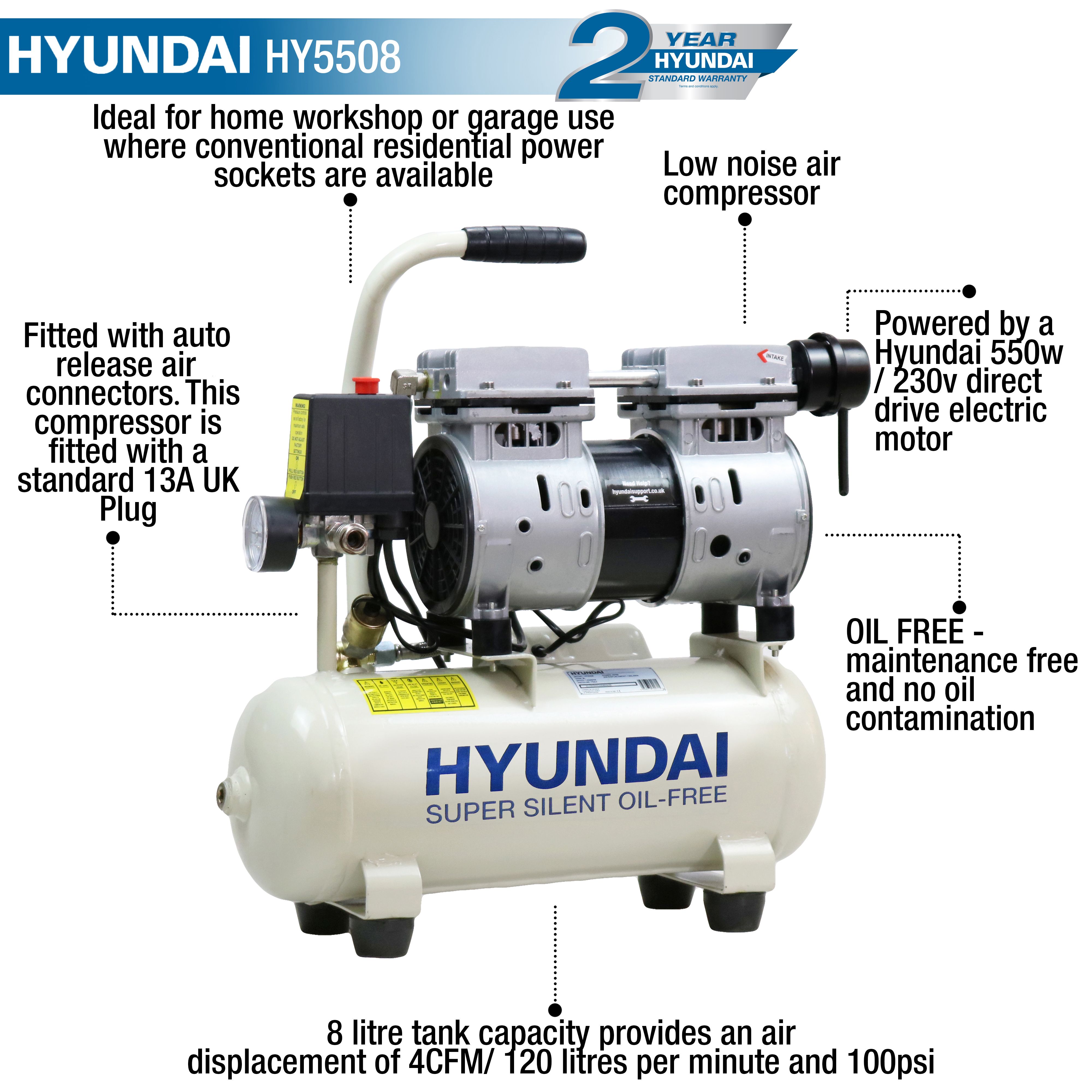 Hyundai Silent 230V 8L Corded Compressor HY5508