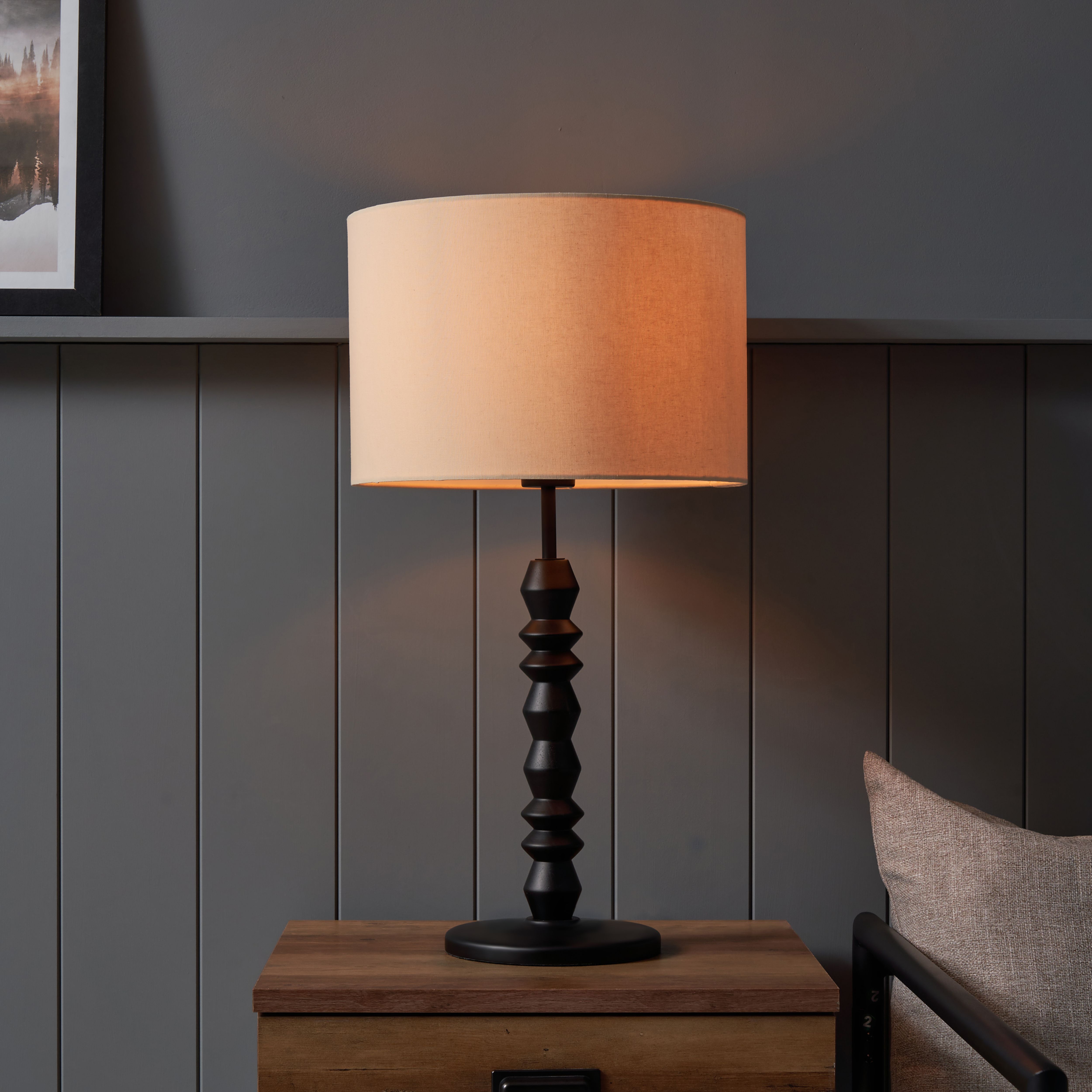 Inlight Patos Spindle Round Black & Natural Wood effect Table lamp