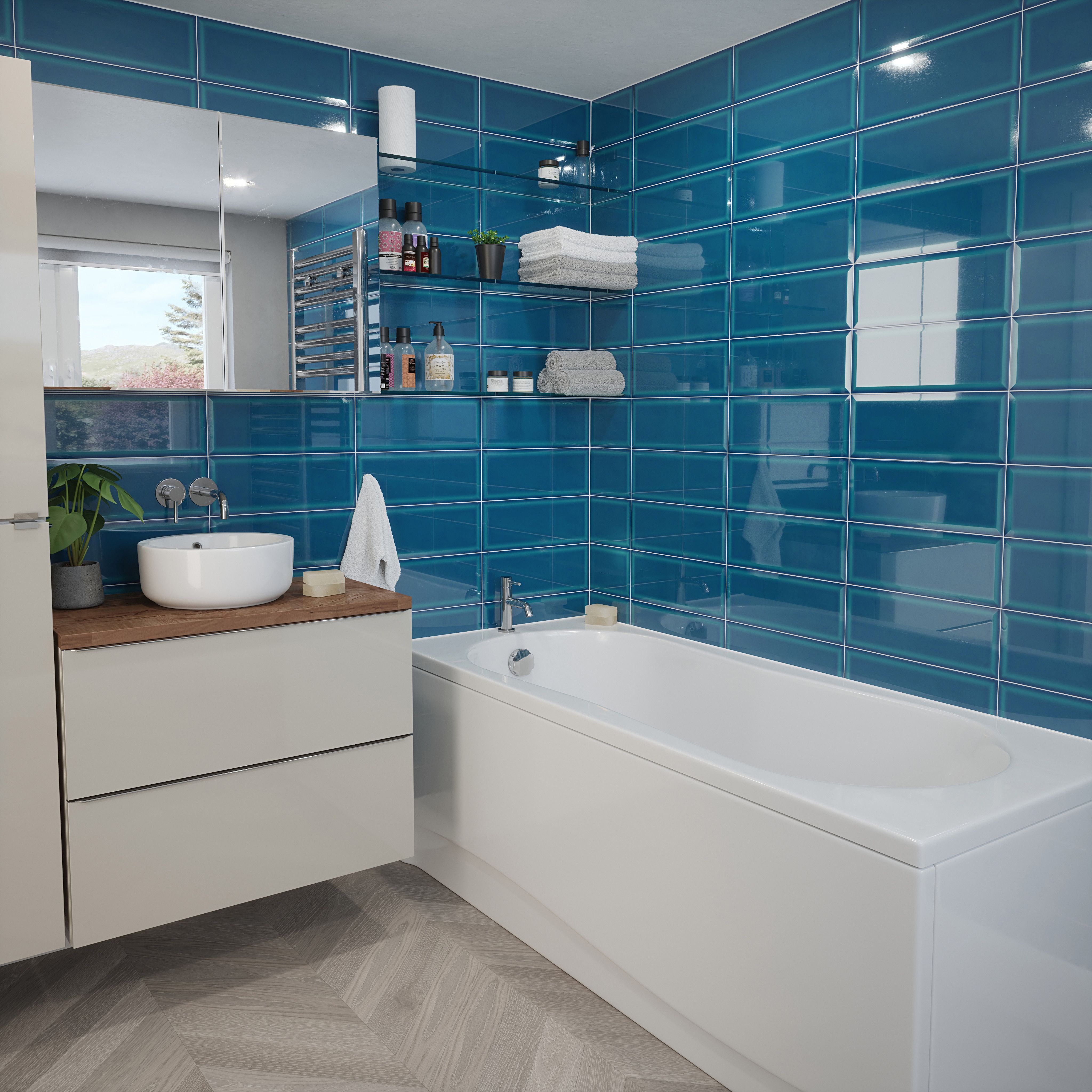 Johnson Tiles Bevel Azure Gloss Ceramic Indoor Wall Tile, Pack of 17 ...