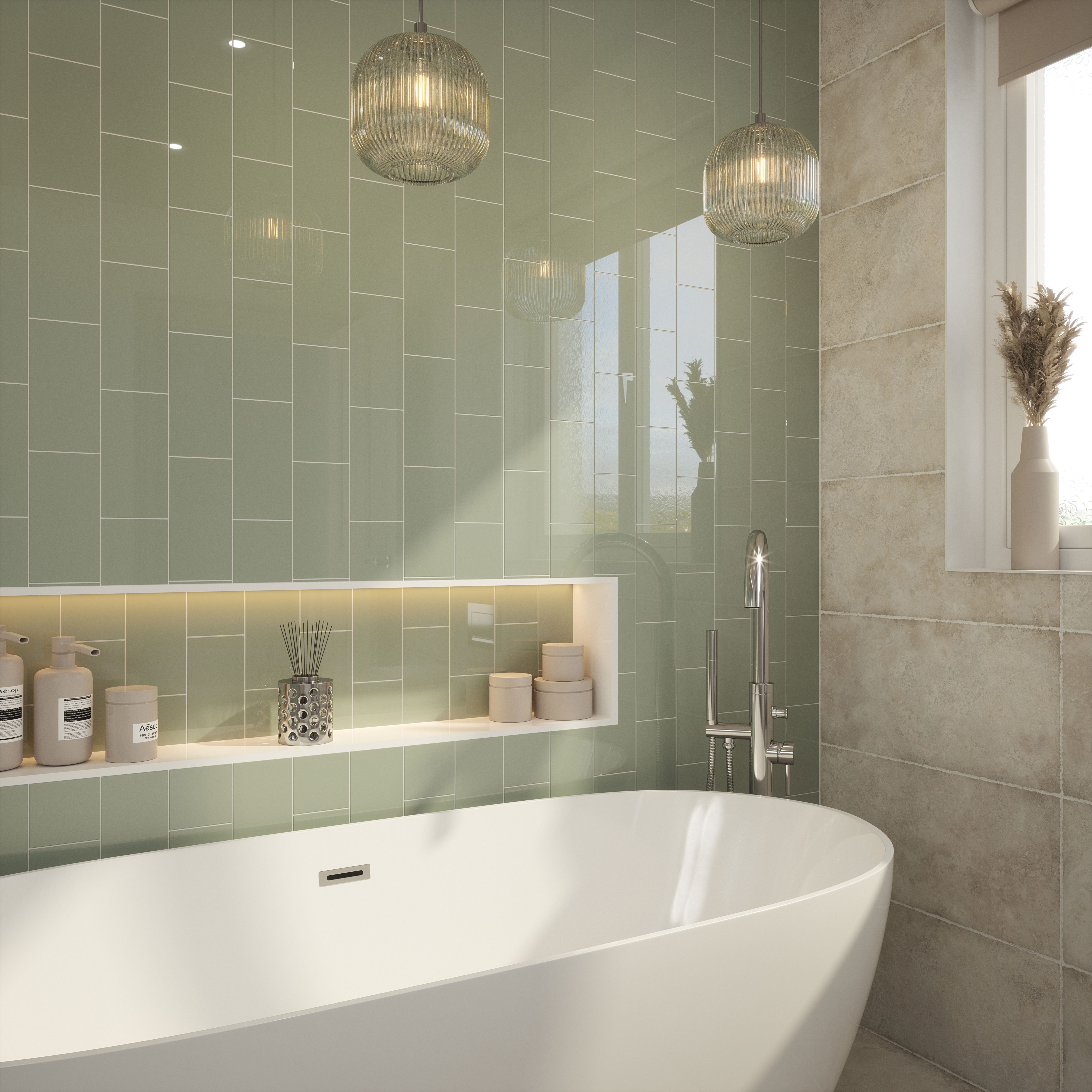 Johnson Tiles Veneto Green Gloss Ceramic Indoor Wall tile, Pack of 50 ...