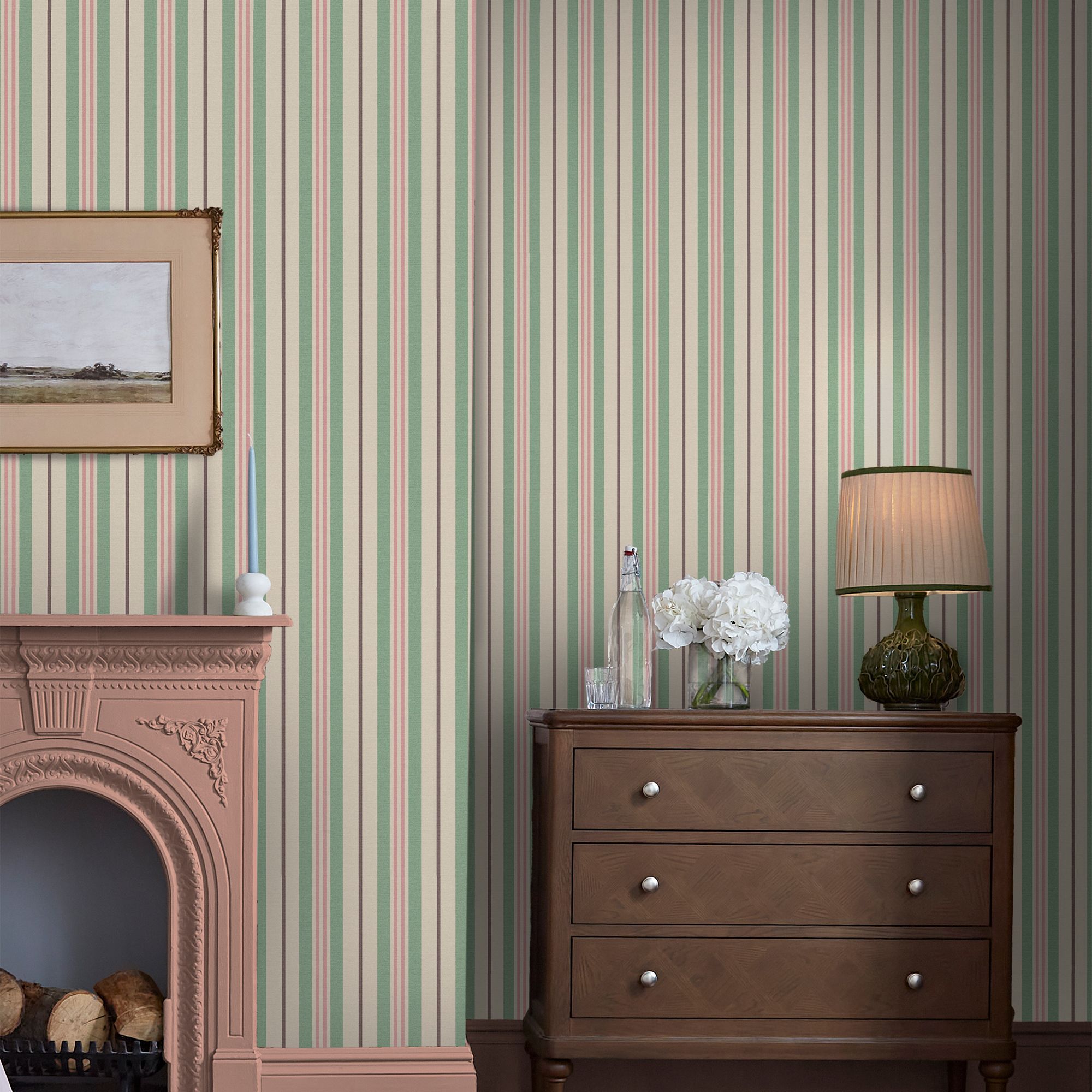 Joules Sophisticated Country Pink & Green Stripe Patterned Smooth Wallpaper