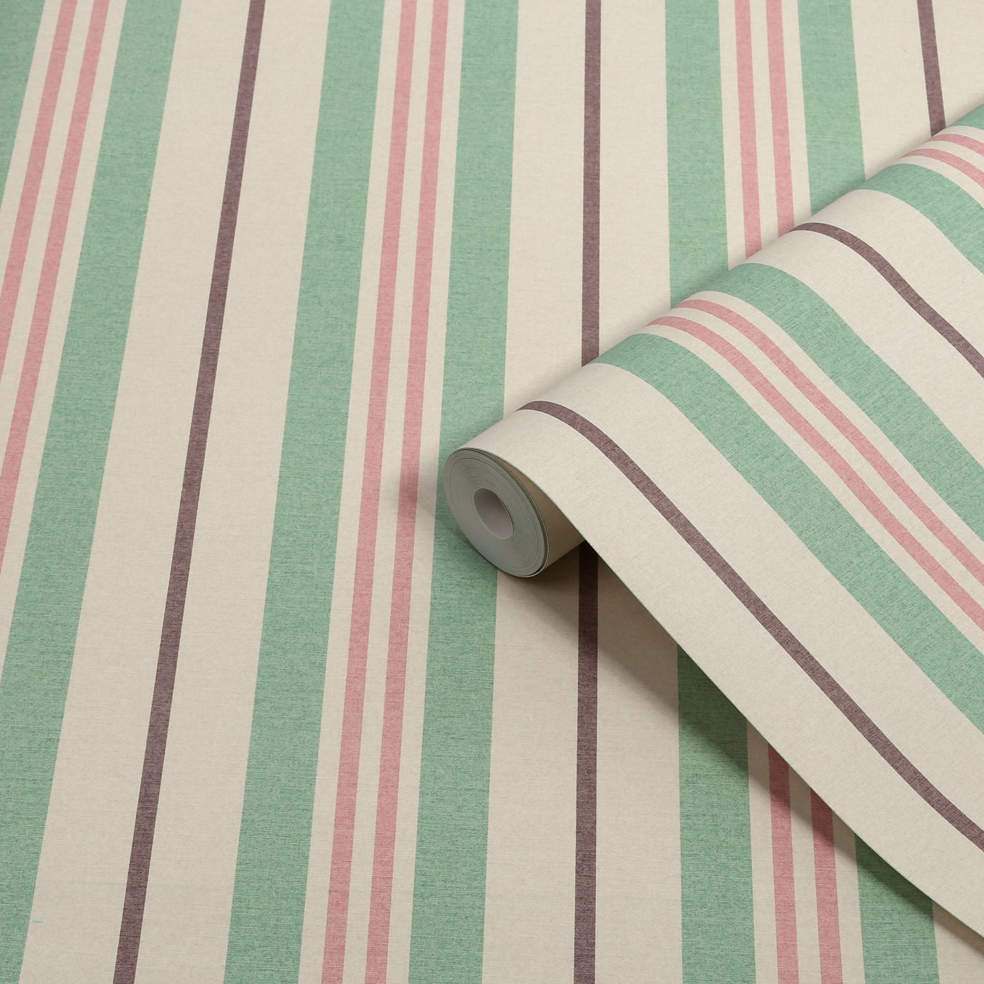 Joules Sophisticated Country Pink & Green Stripe Patterned Smooth Wallpaper