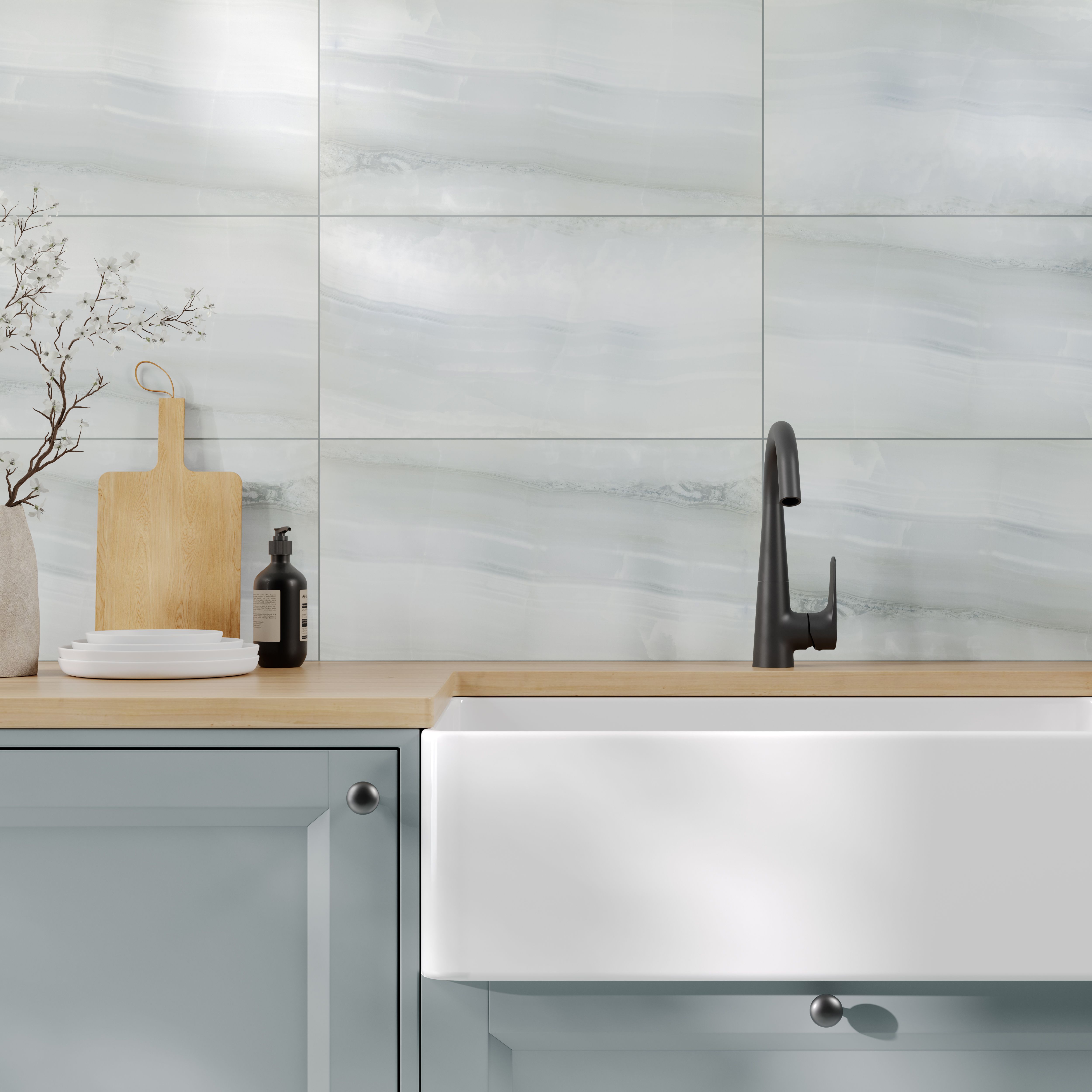 Kale Silk Grey Satin Natural Marble effect Ceramic Indoor Wall tile ...