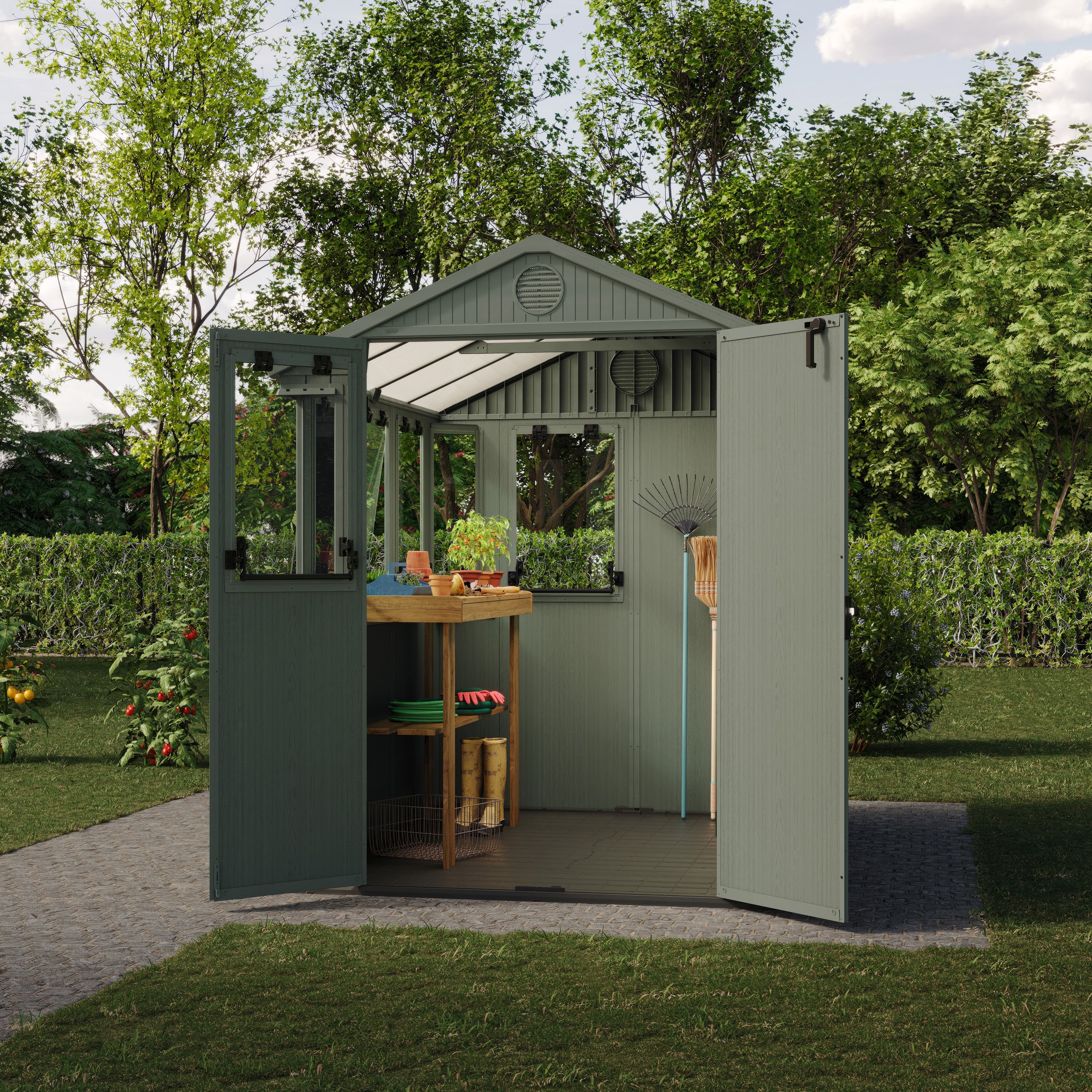 Keter Darwin Tongue & groove Vertical 6x8 ft Apex Green Plastic 2 door ...