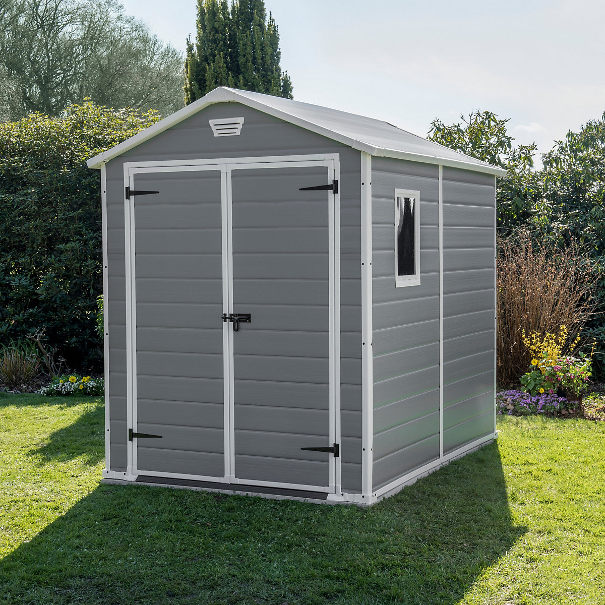 Keter Manor 8x6 ft Gable Grey Plastic 2 door Shed with floor Keter Manor 8x6 ft Gable Grey Plastic 2 door Shed with floor