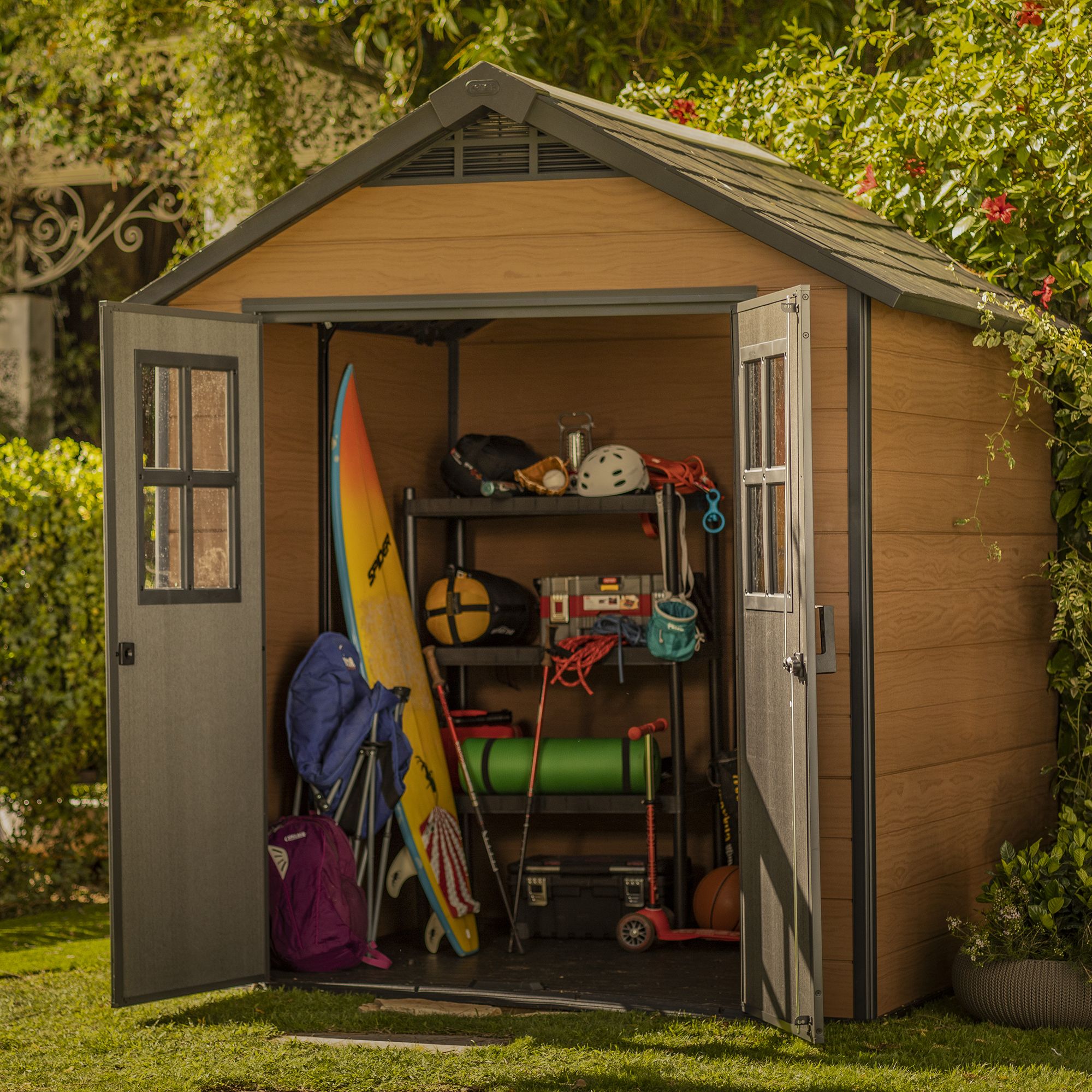 KETER NEWTON TONGUE & GROOVE 7X7 FT APEX COMPOSITE 2 DOOR SHED WITH ...