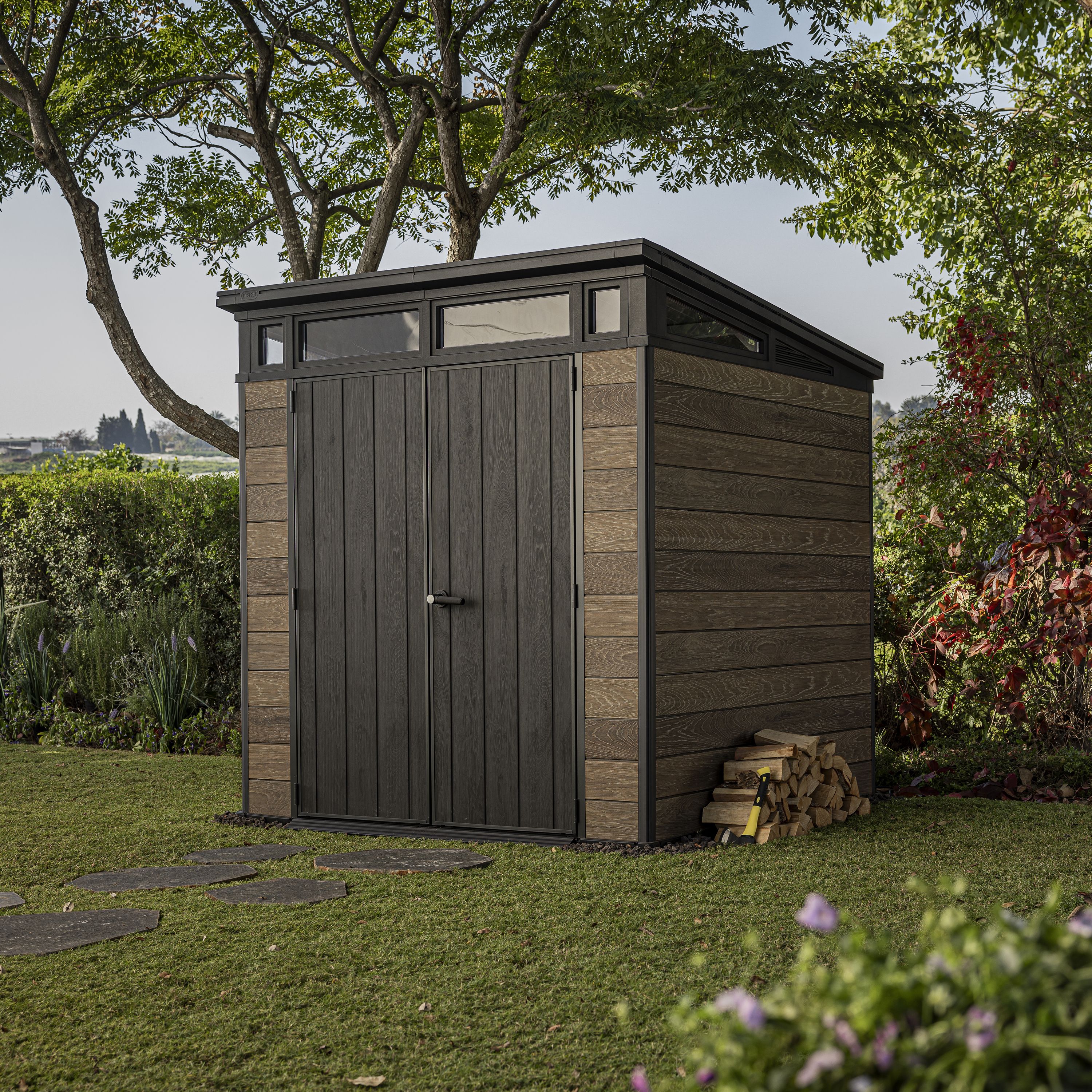 Keter Signature Decocoat 7x7 ft Pent Walnut Plastic 2 door Shed with ...