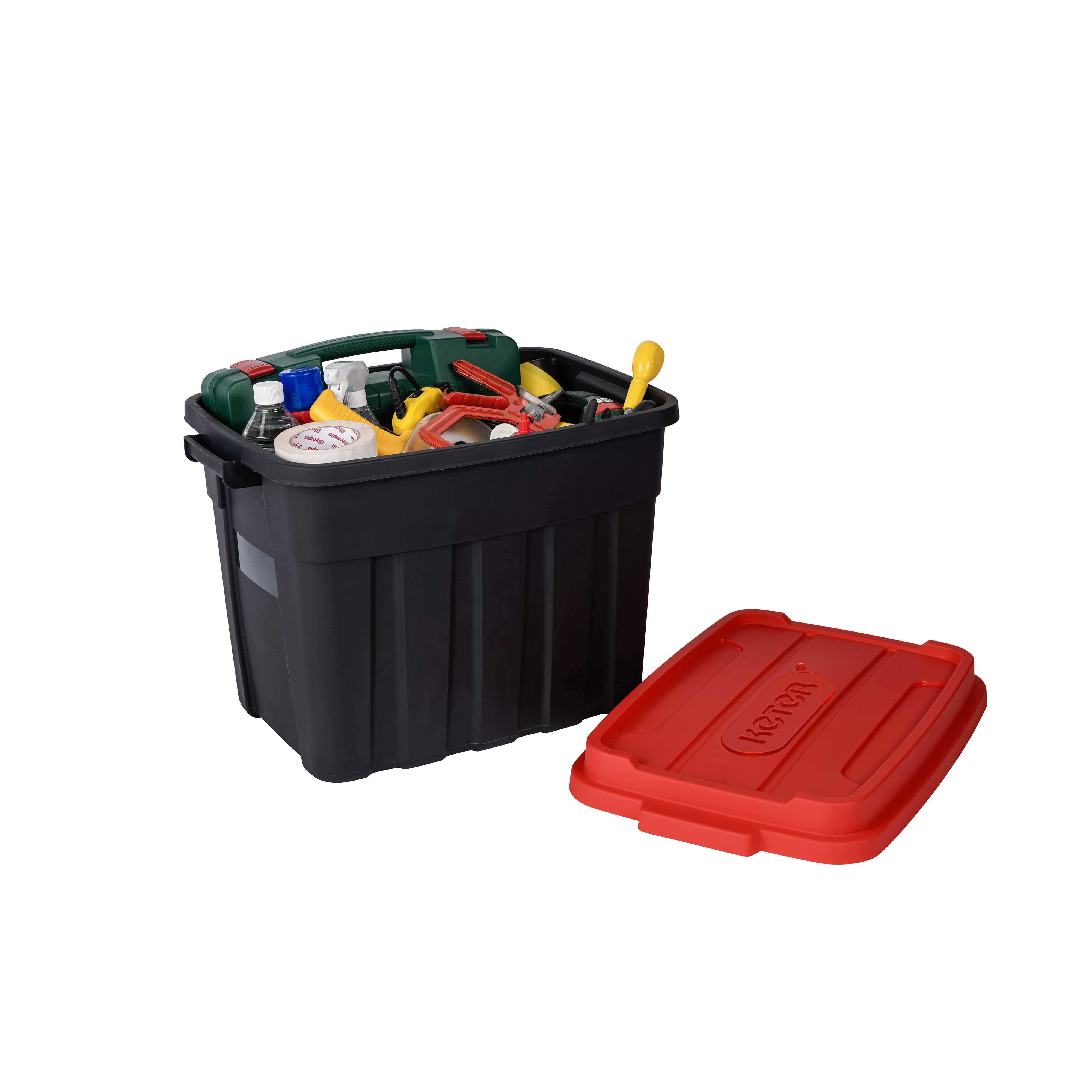Keter Tuff Tote Black & Red 68L Large Stackable Storage box with Lid