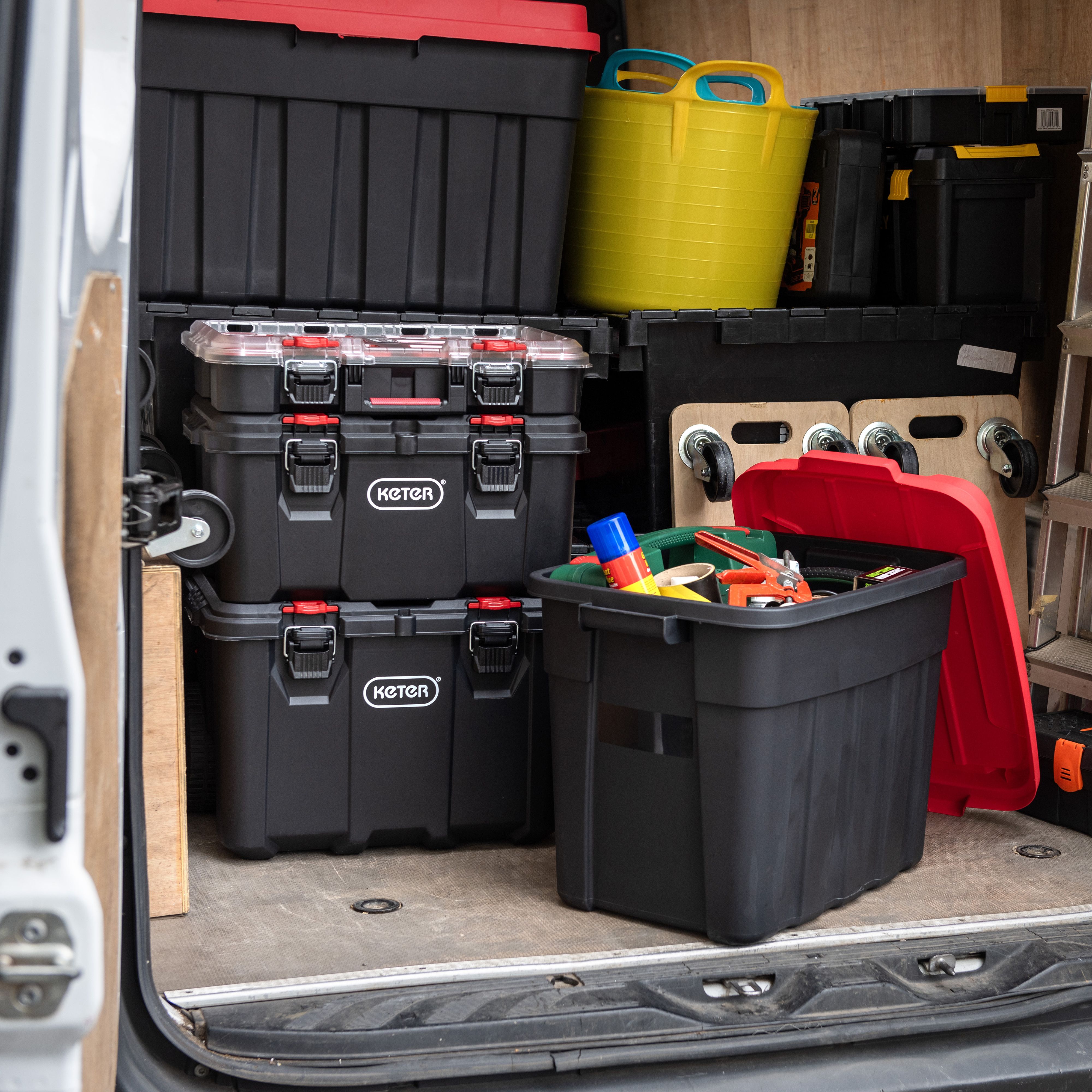 Keter Tuff Tote Black & Red 68L Large Stackable Storage box with Lid