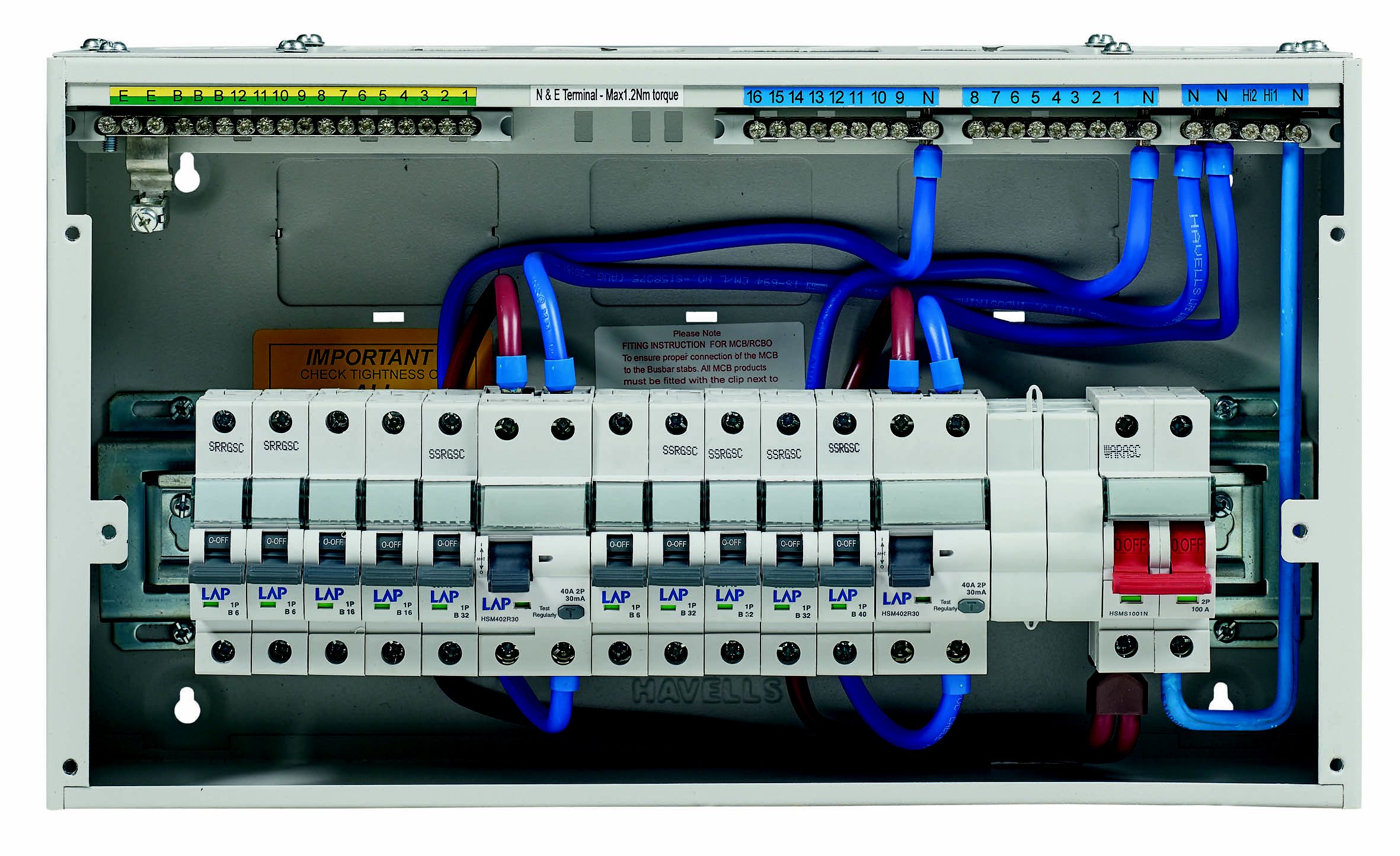 LAP 12-way RCD Consumer unit with 100A mains switch
