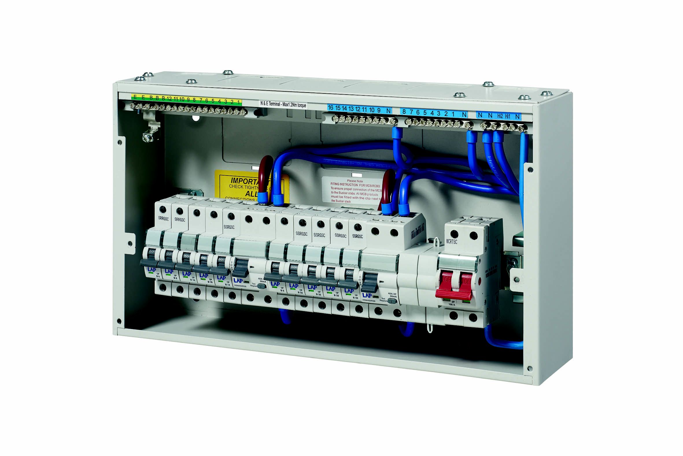 LAP 12-way RCD Consumer unit with 100A mains switch