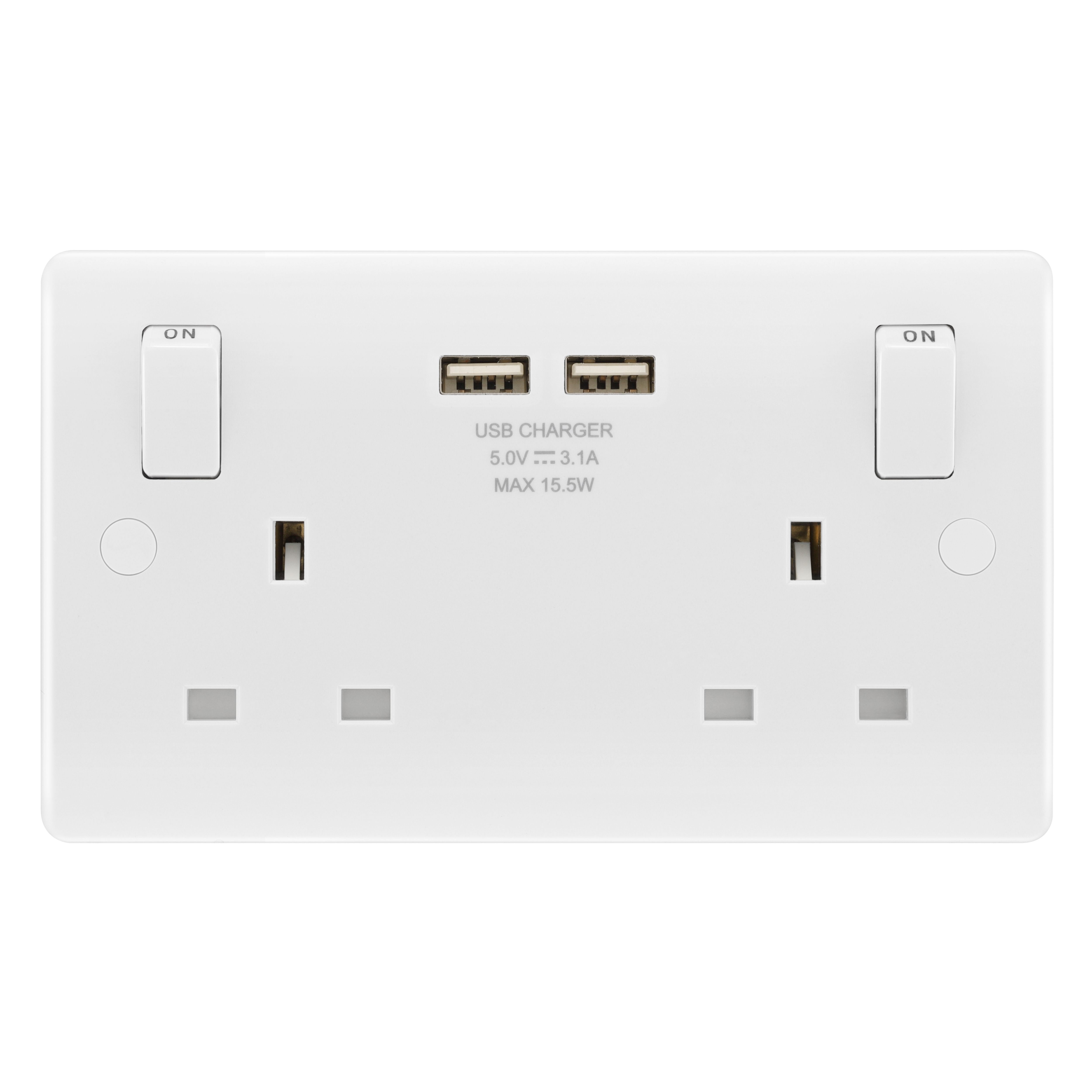 LAP White Double 13A Switched Socket with USB x2 3.1A & White inserts ...