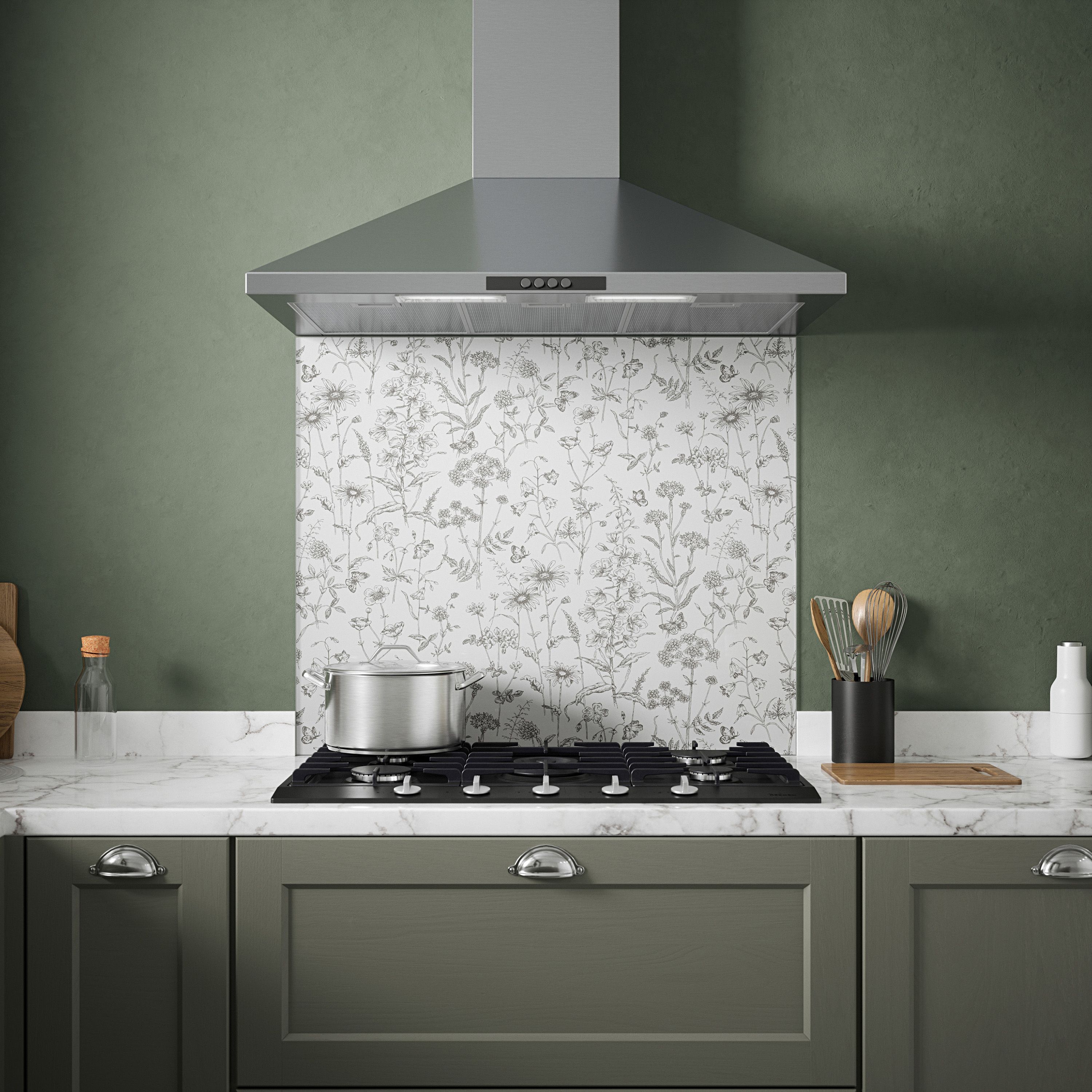 Laura Ashley White Silhouette Floral Glass Splashback, (H)750mm (W ...