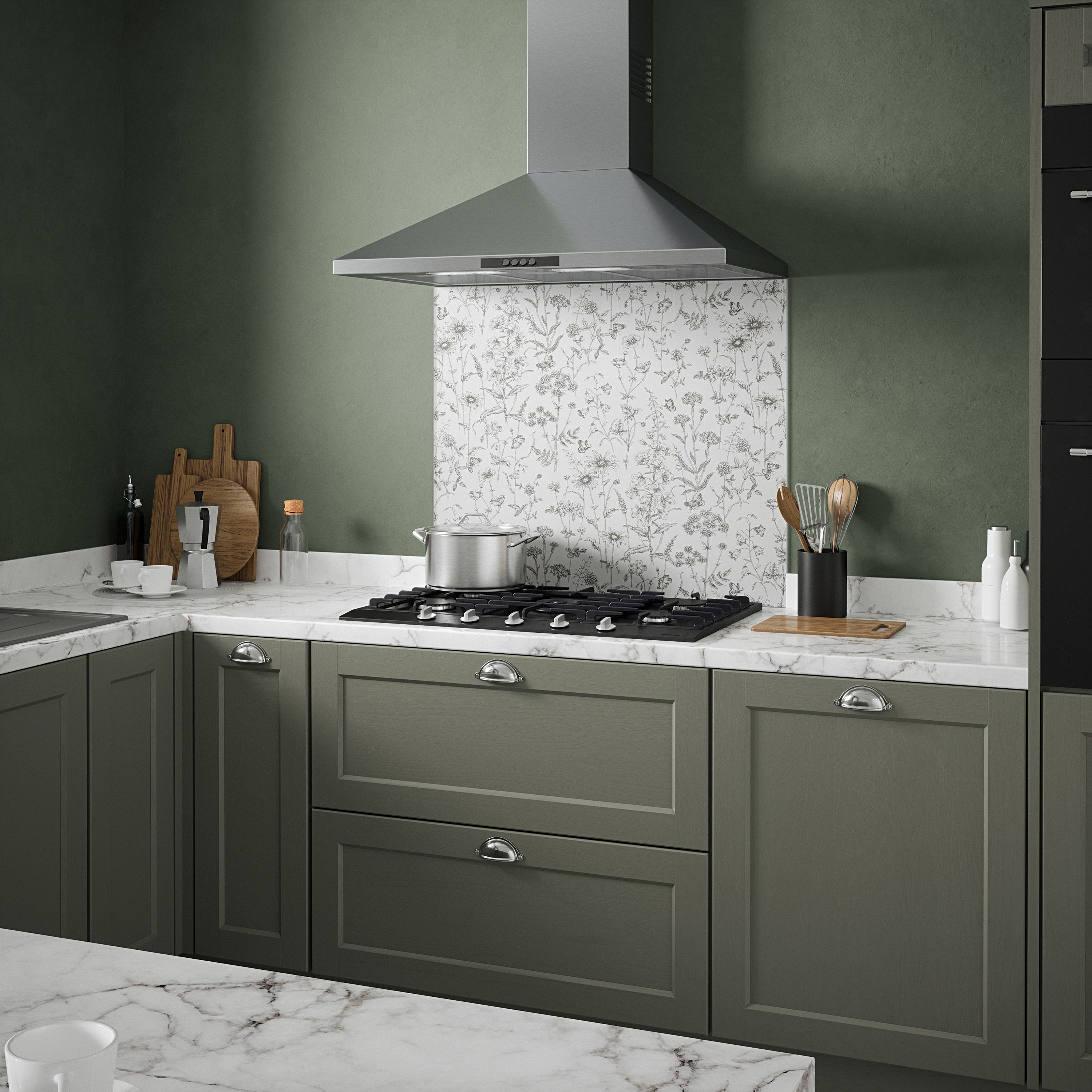 Laura Ashley White Silhouette Floral Glass Splashback, (H)750mm (W ...