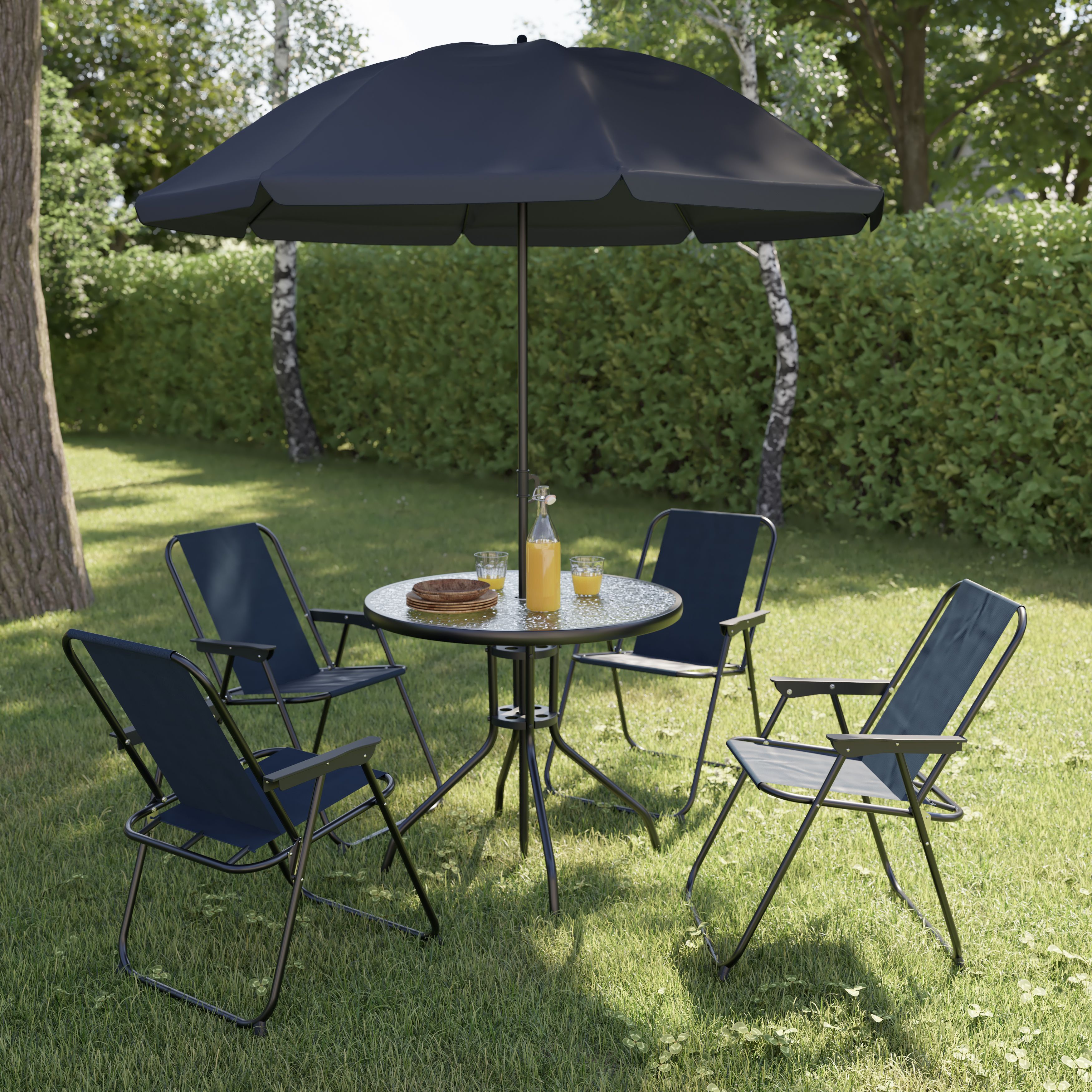 Laurel Moonless blue Metal 4 seater Dining set with Moonless Blue Parasol