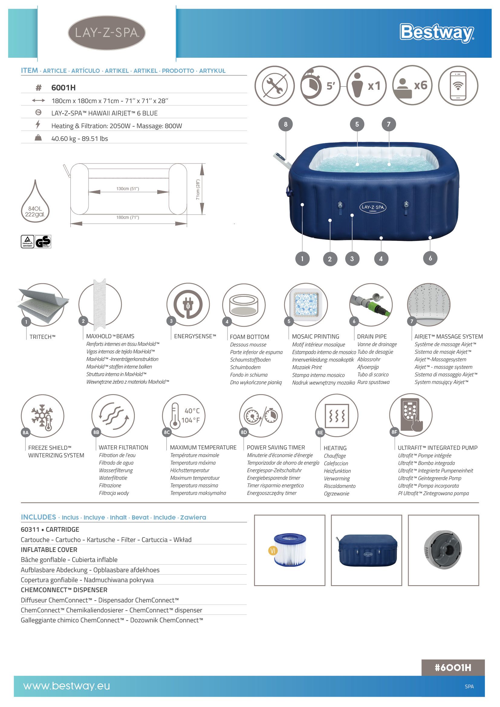 Lay-Z-Spa Hawaii 6 person Inflatable hot tub