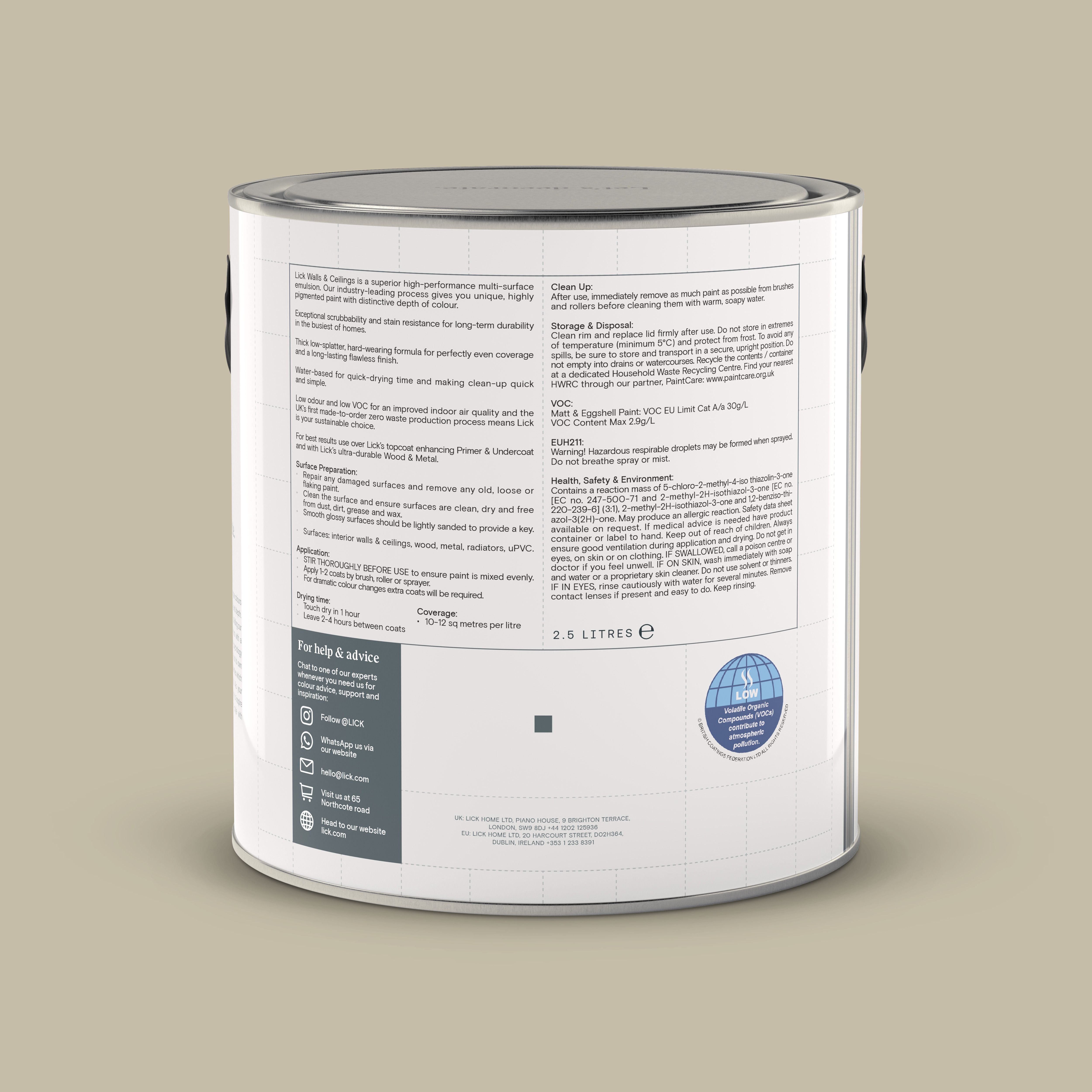 Lick Greige 01 Eggshell Emulsion paint, 2.5L