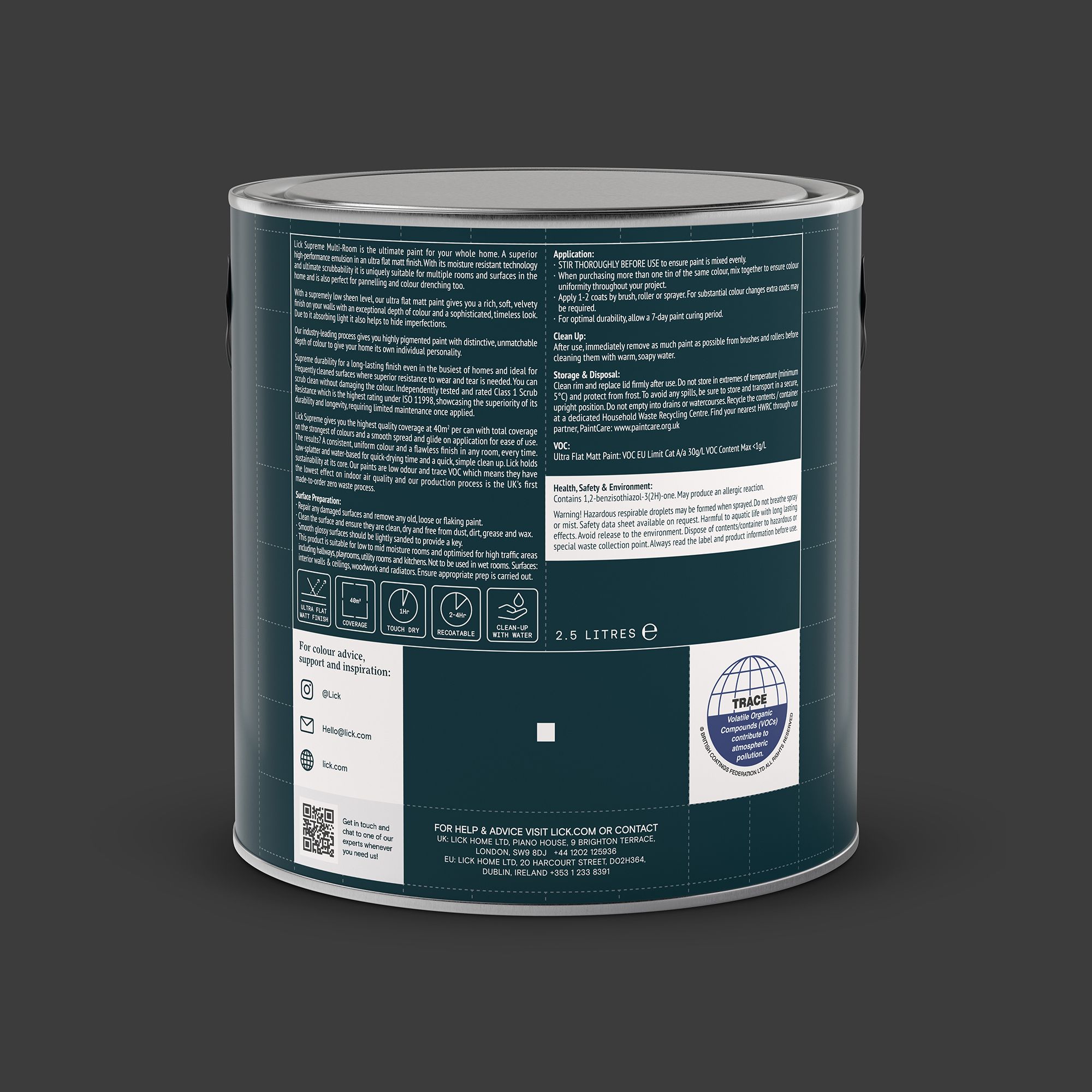Lick Supreme Black 02 Flat matt Multi-surface Emulsion paint, 2.5L