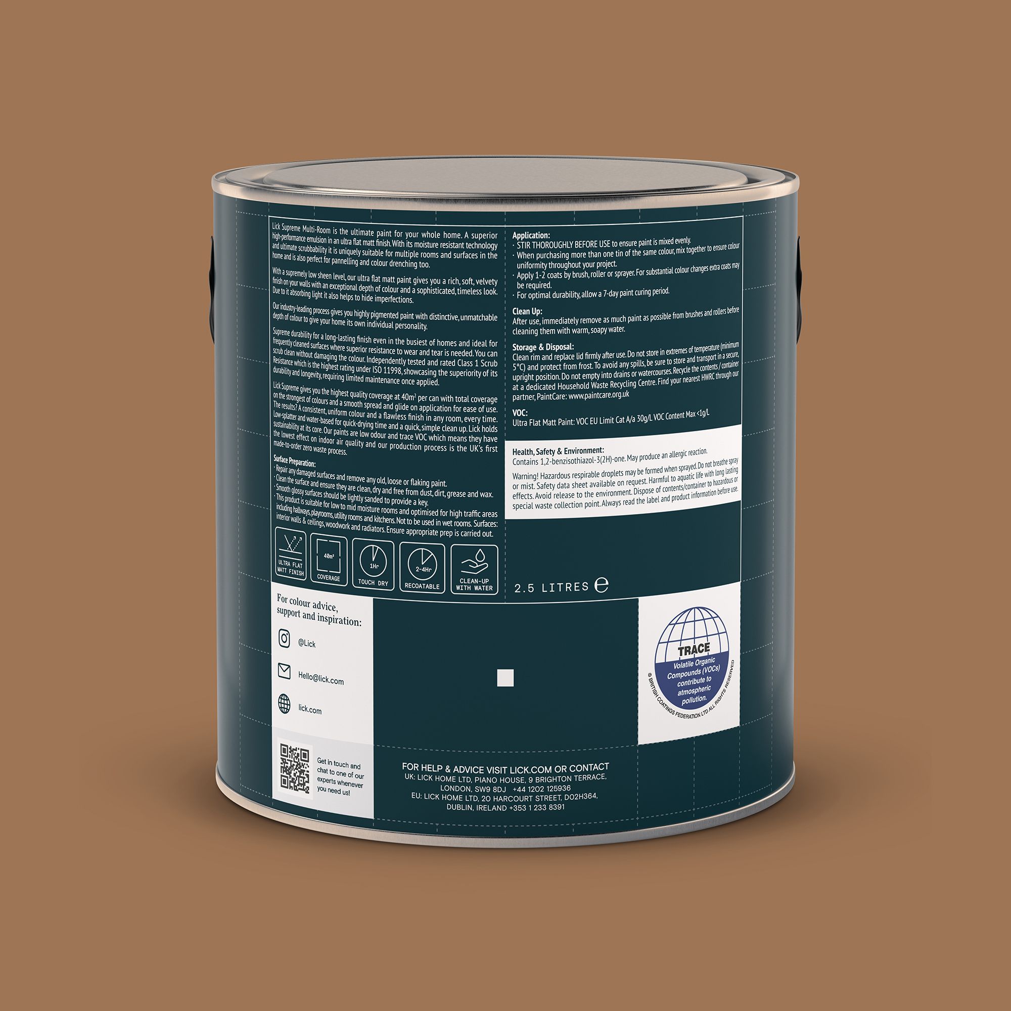 Lick Supreme Brown 02 Flat matt Multi-surface Emulsion paint, 2.5L