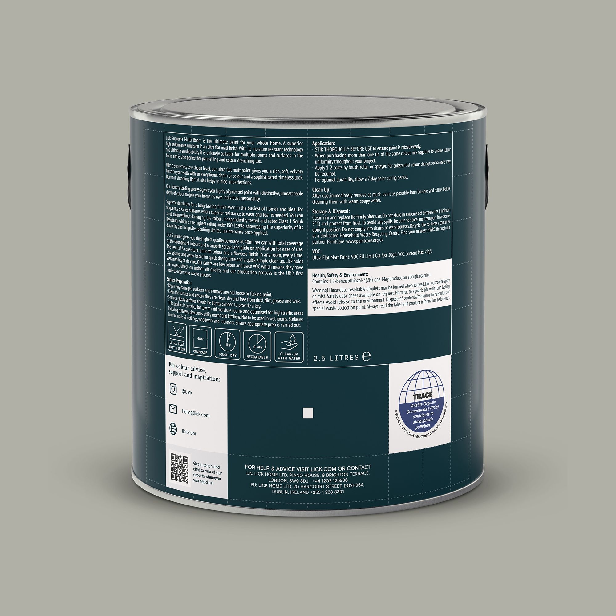 Lick Supreme Grey 04 Flat matt Multi-surface Emulsion paint, 2.5L
