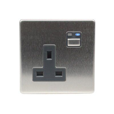 LightwaveRF Steel Single 13A Screwless Switched Socket