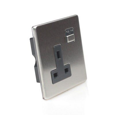LightwaveRF Steel Single 13A Screwless Switched Socket
